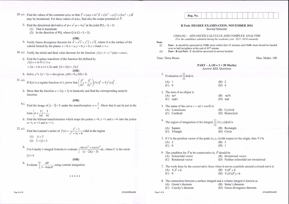 15MA102 1 SEM - Exam qs - 29.a. Findthevaluesofrhe constants 4b,csothat ...