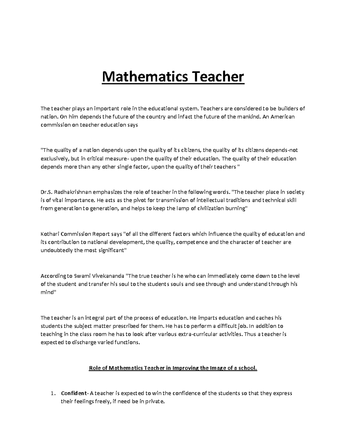 Mathematics Teacher - Teachers are considered to be builders of nation ...