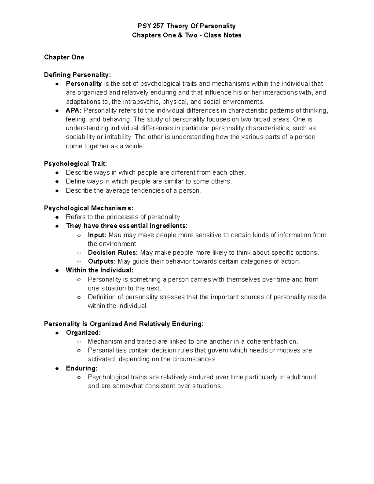 PSY 257 Chapters 1-2 - Chapters One & Two - Class Notes Chapter One ...