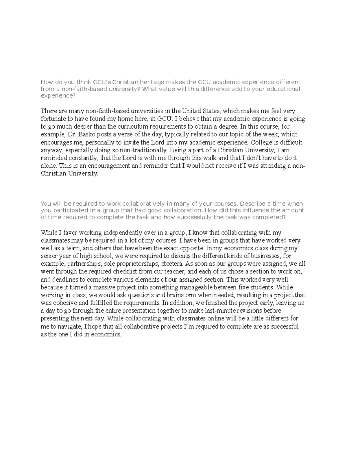Topic 4 Discussion Questions - How do you think GCU’s Christian ...