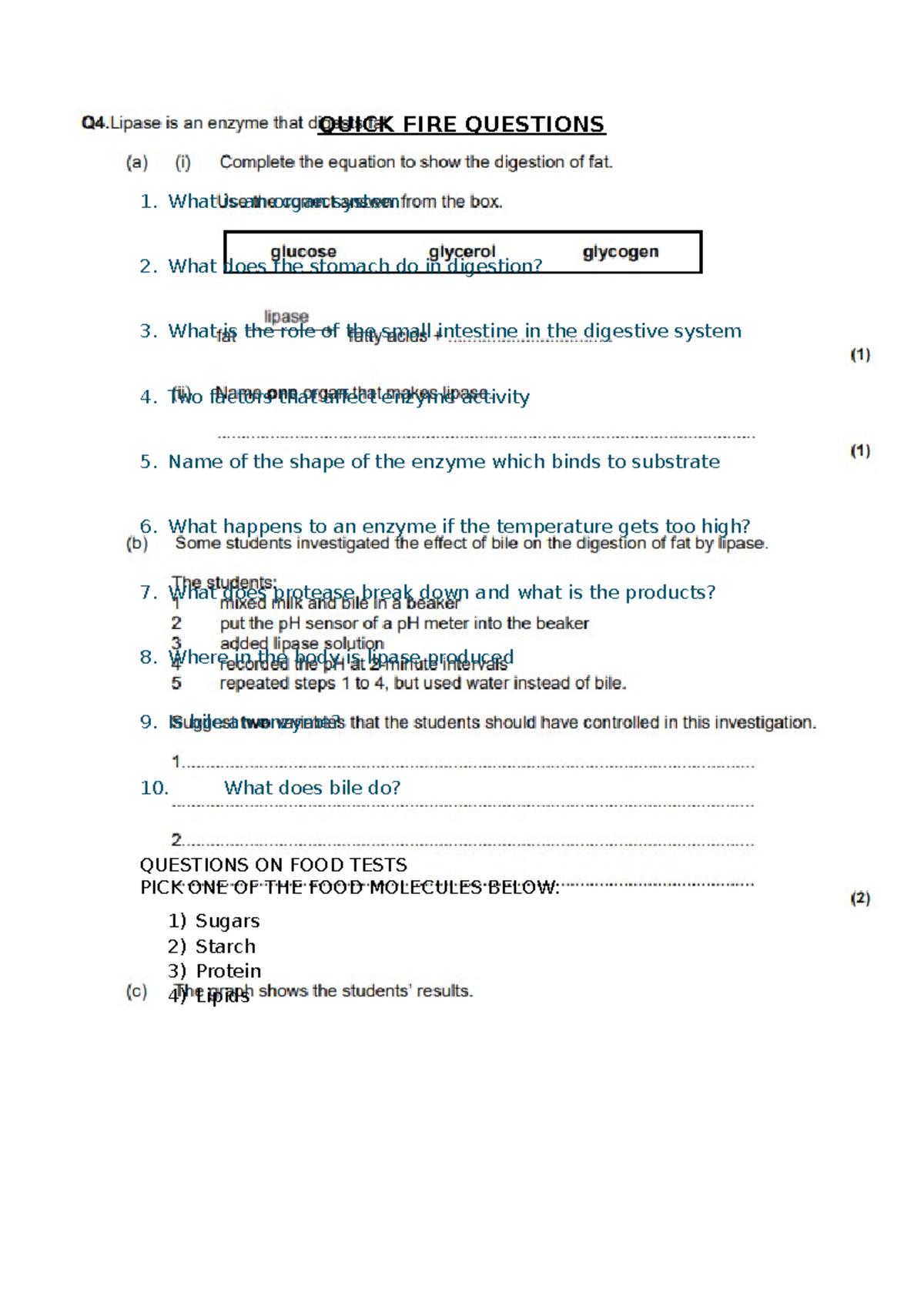 WEEK 5 YEAR 10 AND 11 AQA DIGESTION QUESTIONS - QUICK FIRE QUESTIONS 1 ...