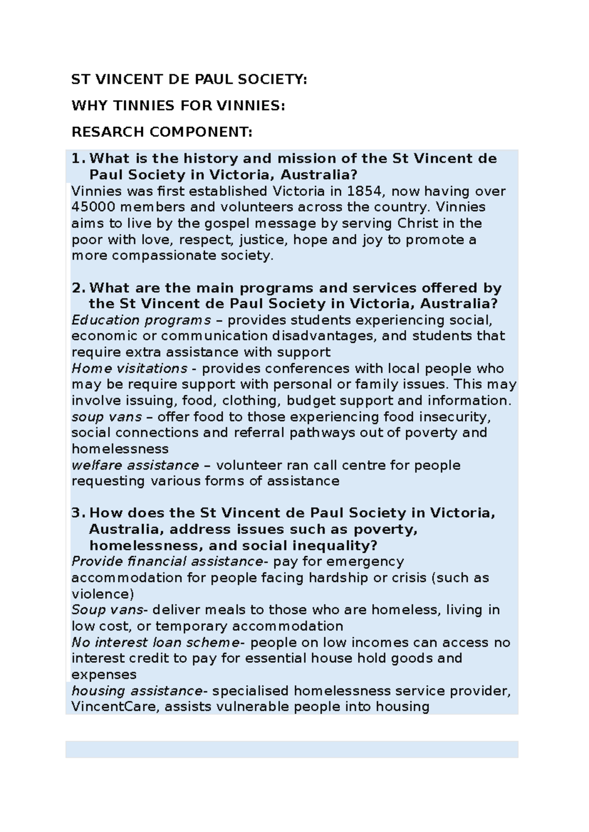 ST Vincent DE PAUL Society Research Questions - ST VINCENT DE PAUL ...