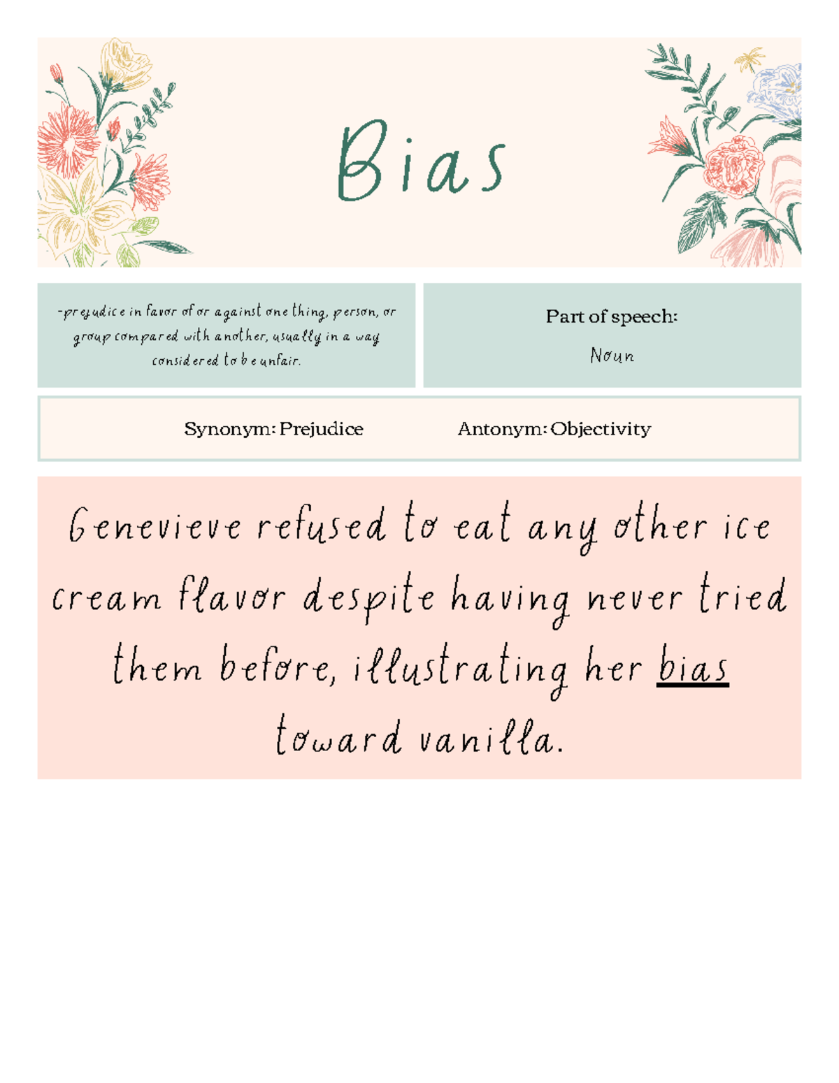 Word Wall- Bias - notes - Bias -prejudice in favor of or against one ...