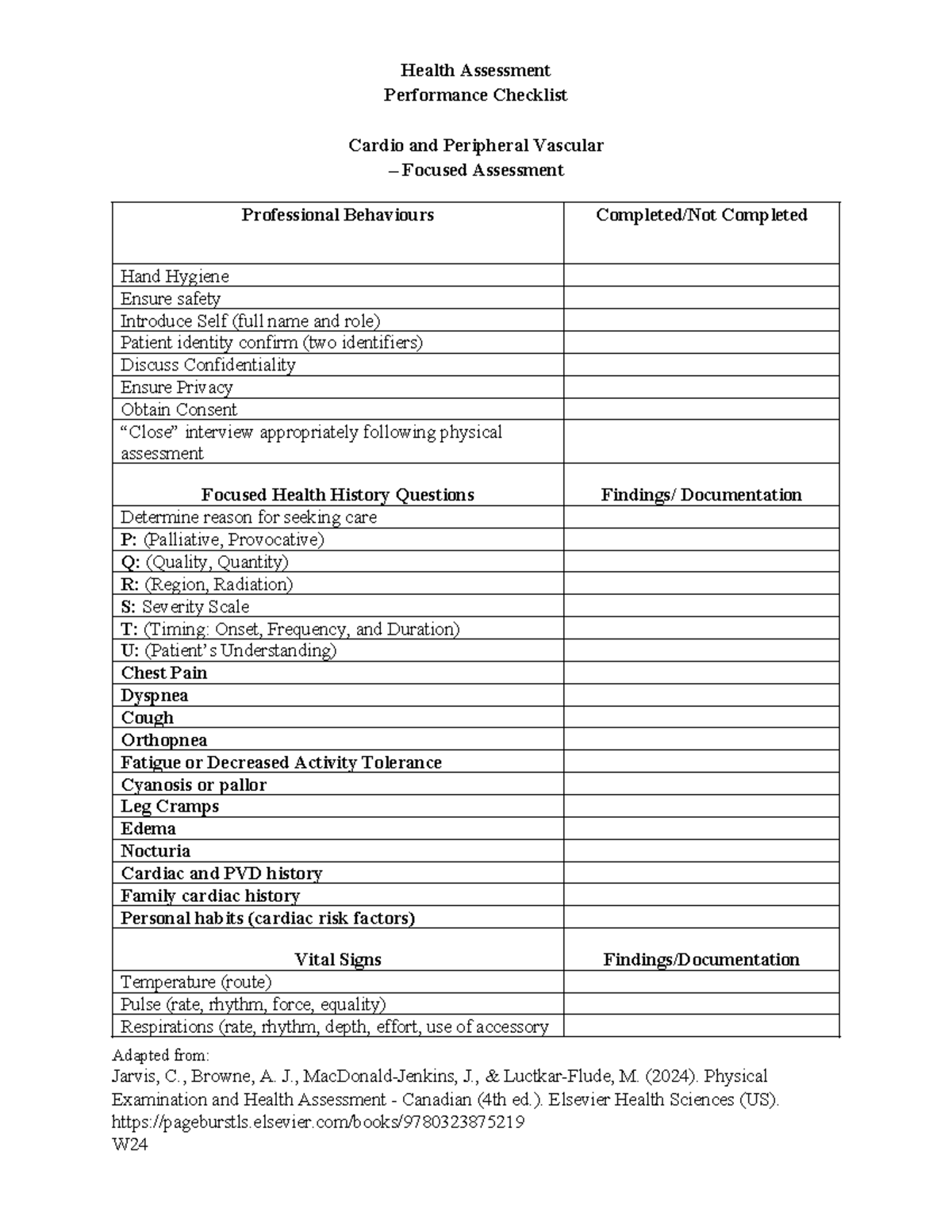Cardio and Peripheral Vascular Focused Objective Data Checklist SS24 ...