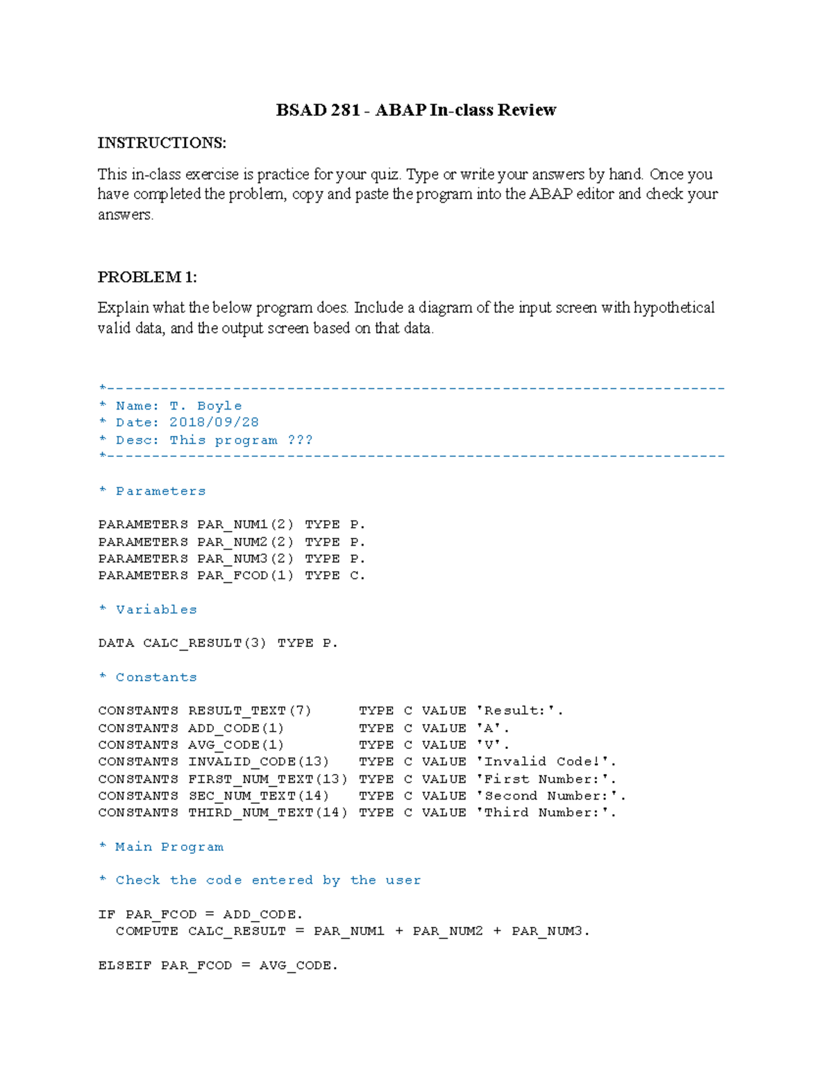 BSAD 281 - Inclass Lab ABAP - BSAD 281 - ABAP In-class Review ...