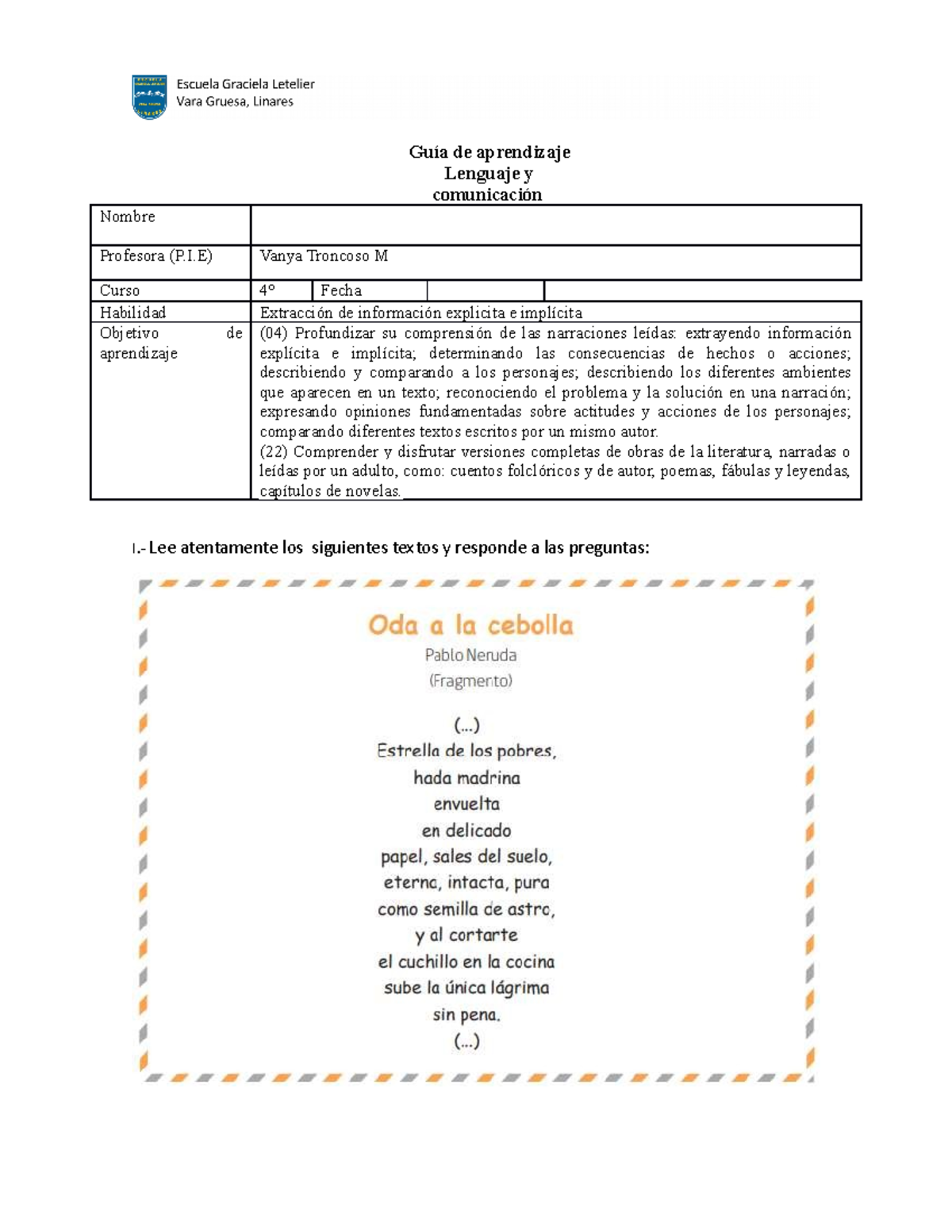 Guía de aprendizaje la oda - Guía de aprendizaje Lenguaje y ...