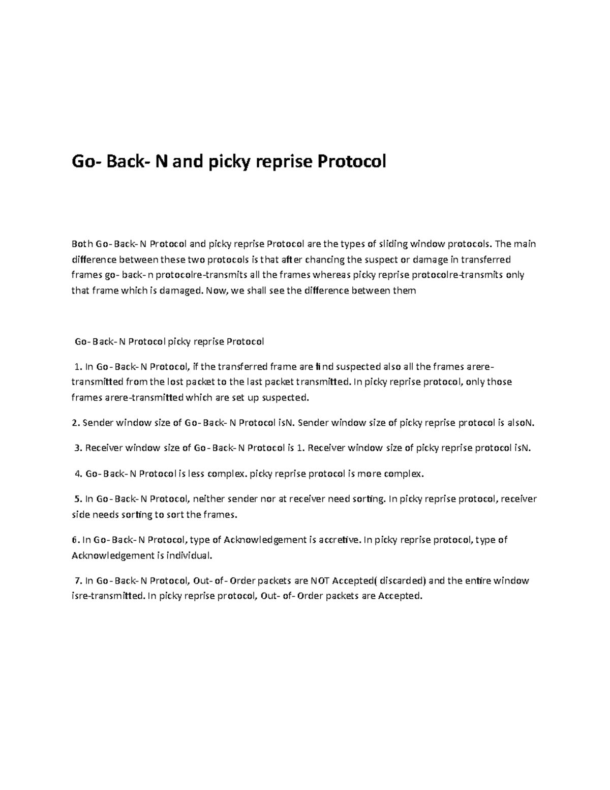 Go- Back- N and picky reprise Protocol - The main difference between ...