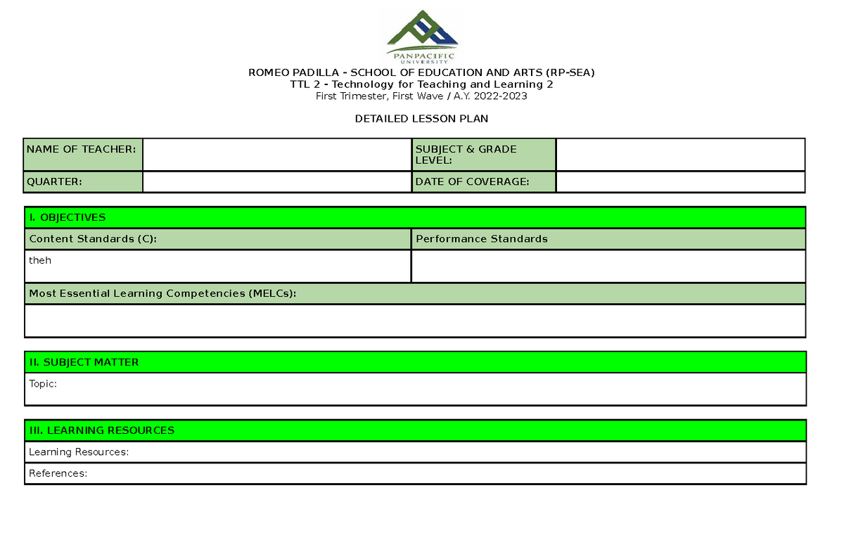 Lesson Plan Template TTL2 T1W1 2223faf - ROMEO PADILLA - SCHOOL OF ...