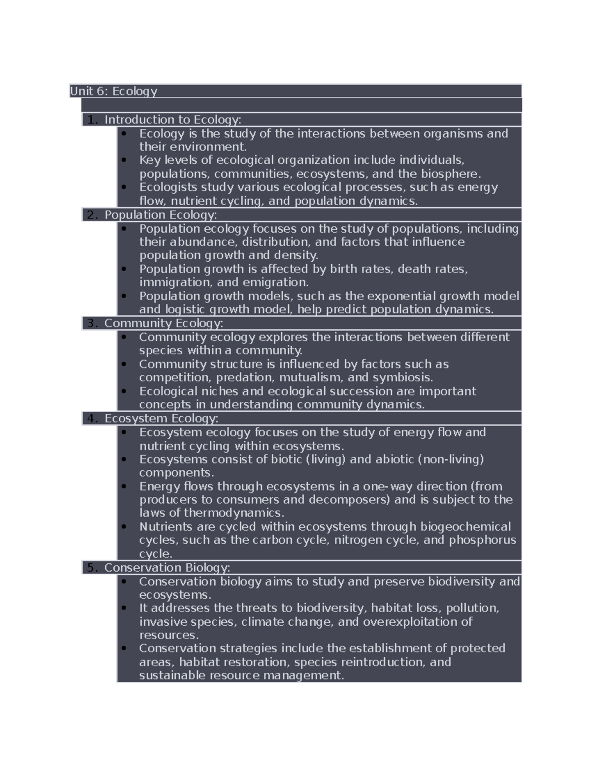 Unit 6 - u6 notes - Unit 6: Ecology Introduction to Ecology: Ecology is ...