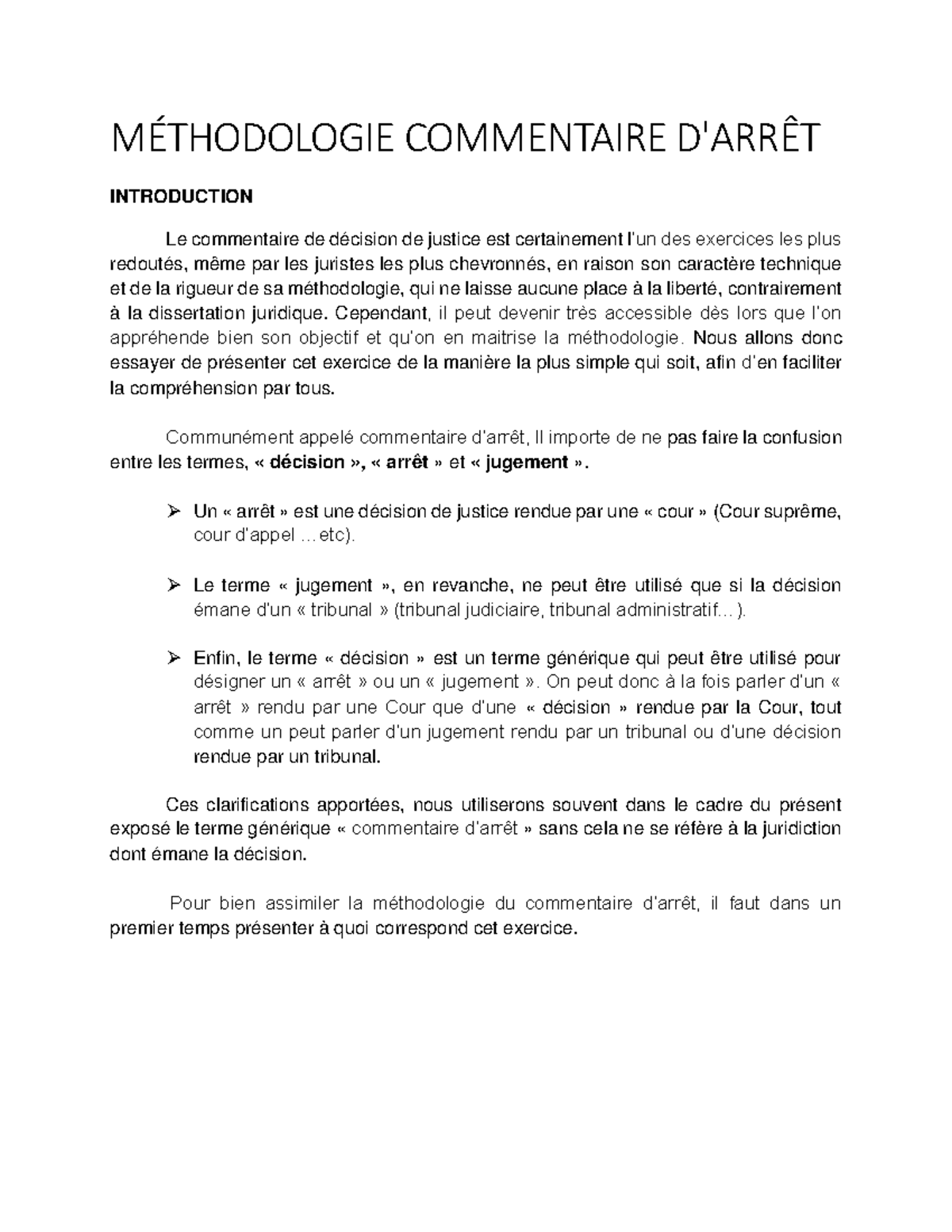 Méthodologie - Commentaire DE Decision DE Justice - MÉTHODOLOGIE COMMENTAIRE D'ARRÊT ...