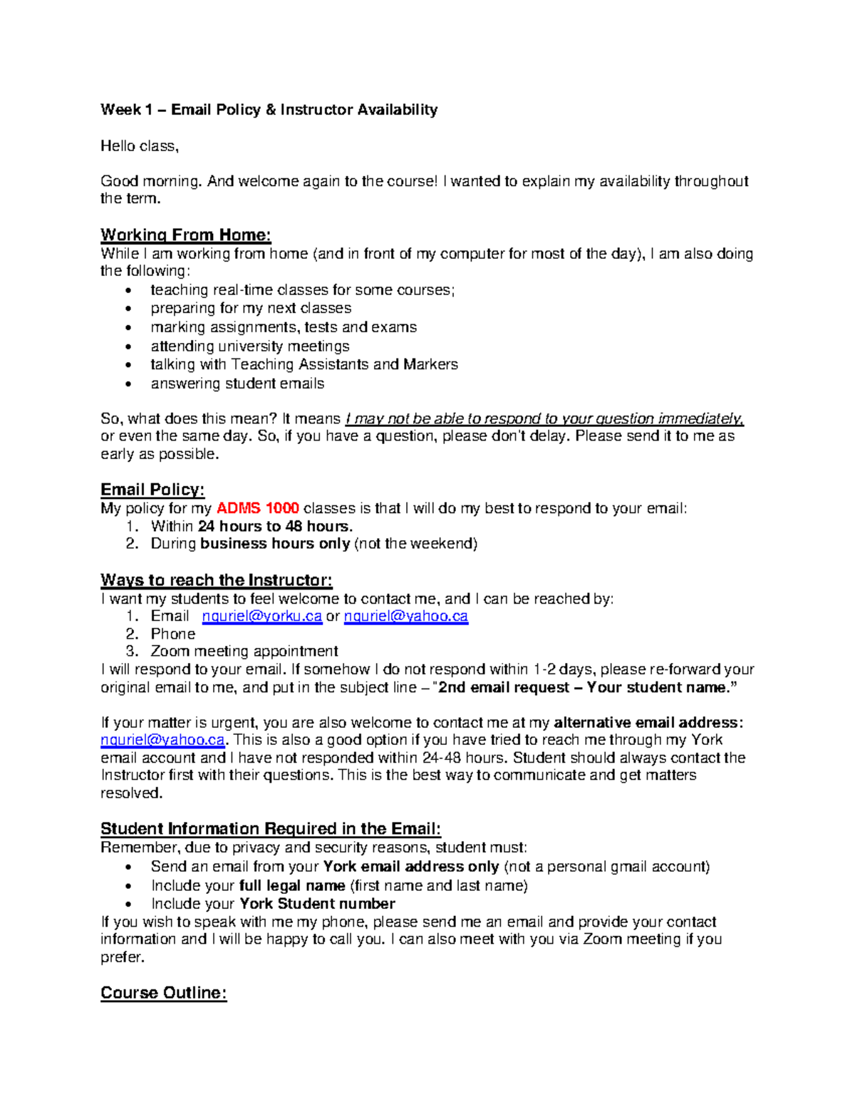 Week 1 – Email Policy and Instructor Availability - Week 1 – Email ...