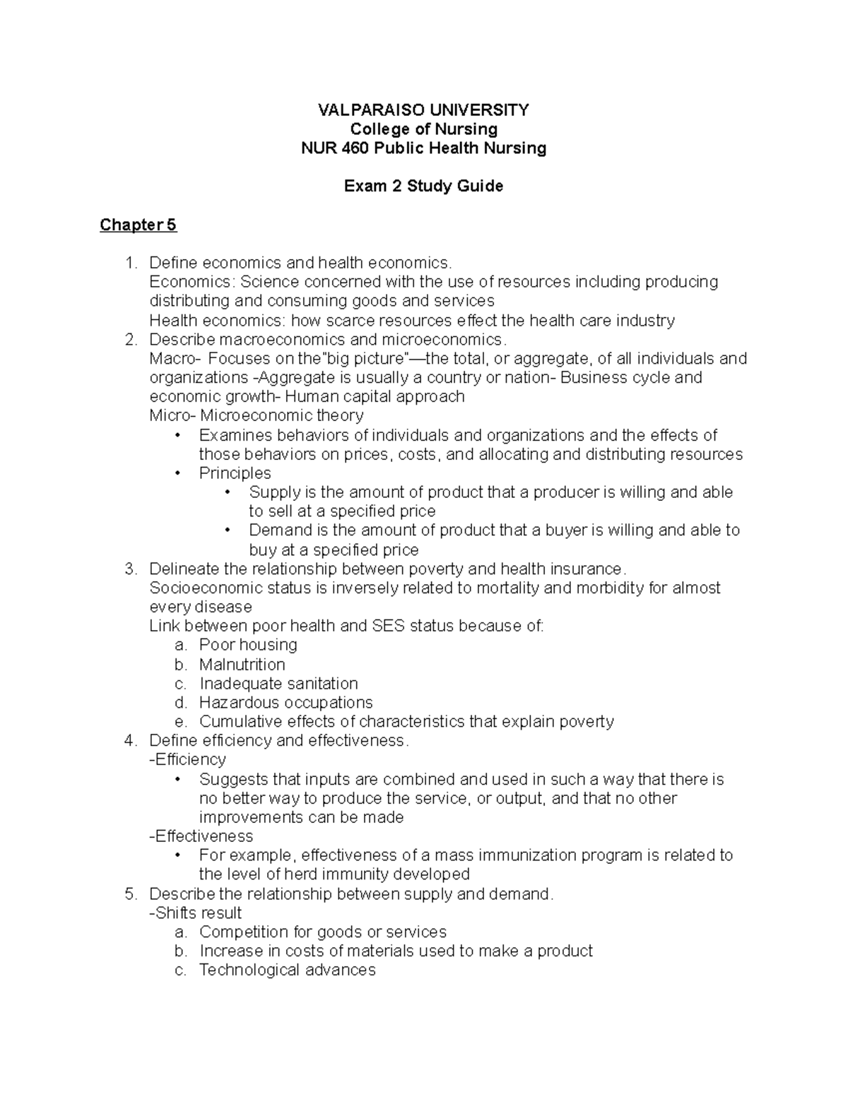 NUR 460 Exam 2 Study Guide - VALPARAISO UNIVERSITY College of Nursing ...
