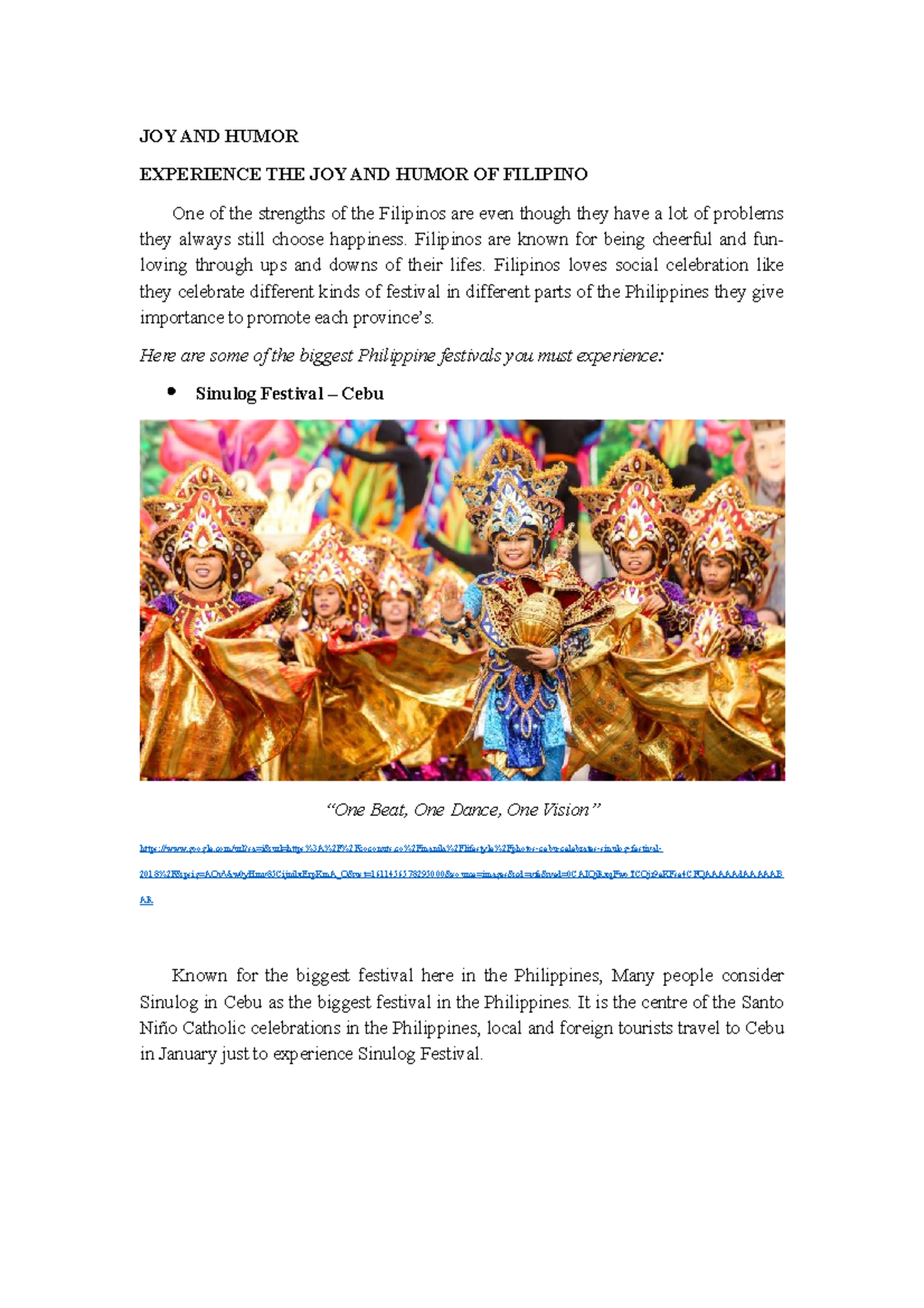 UTS - JOY AND HUMOR EXPERIENCE THE JOY AND HUMOR OF FILIPINO One of the ...