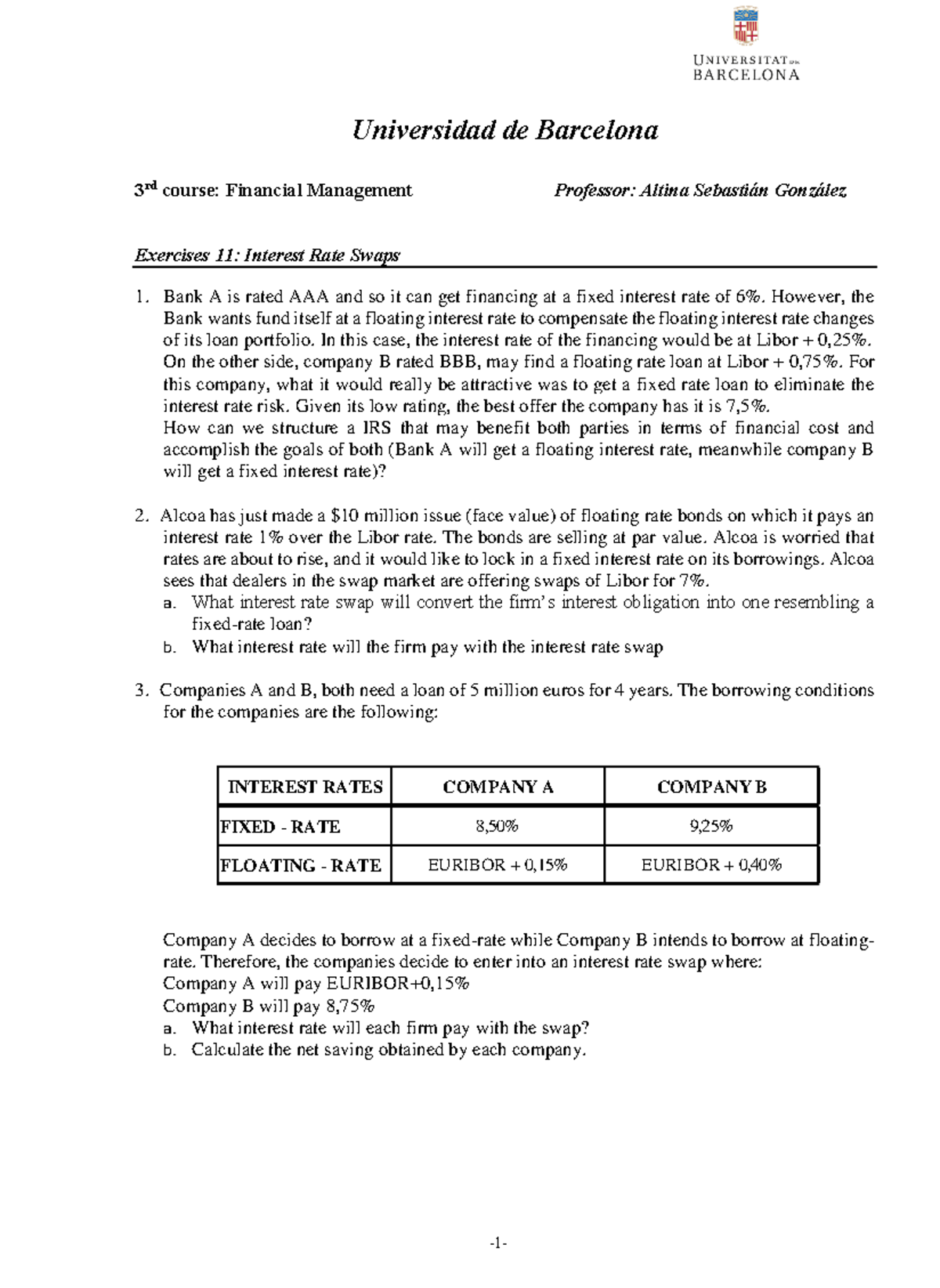 Exercises 11 - exercises Interest Rate Swaps -1- Universidad de ...