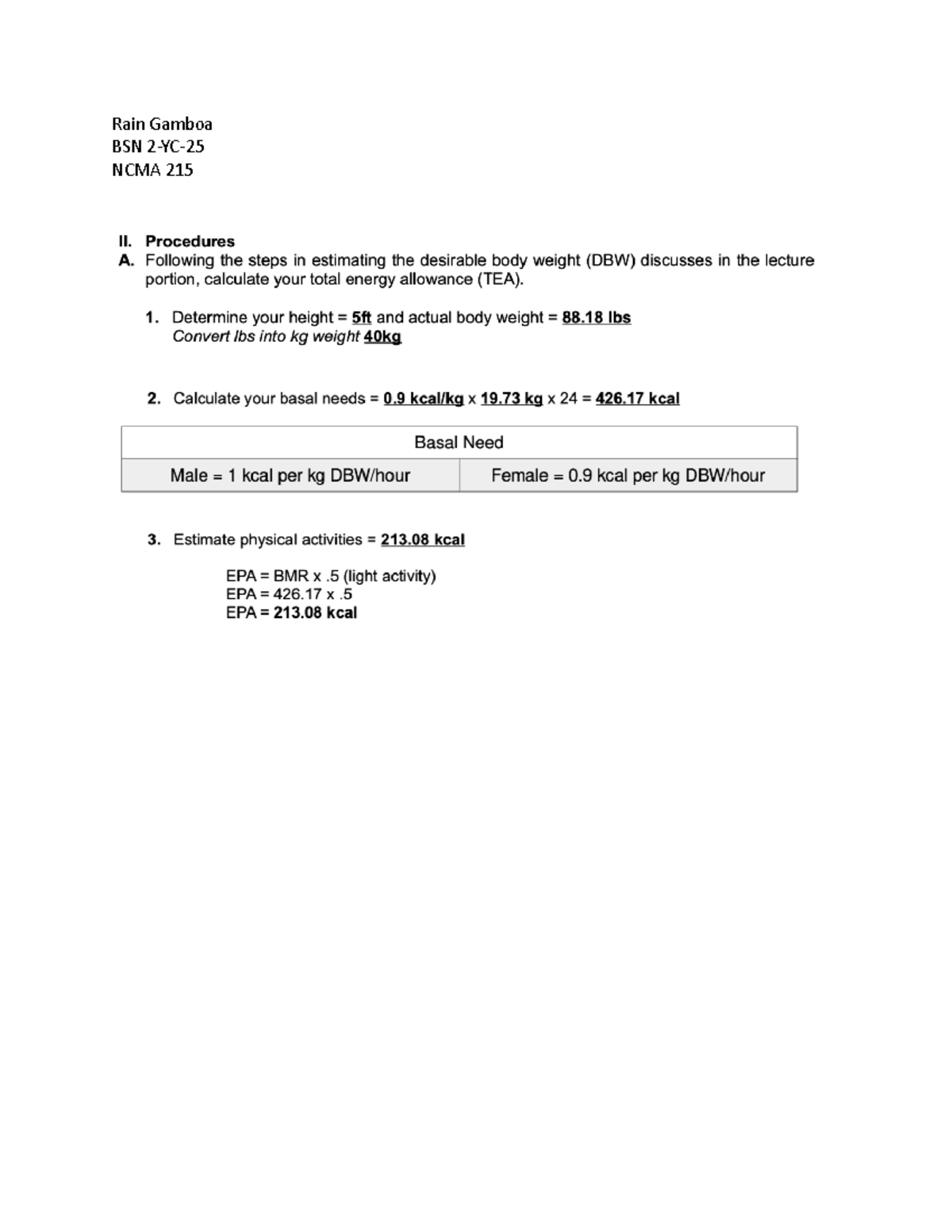 Rain Gamboa-NCMA215-ACT1 - Nursing - Rain Gamboa BSN 2-YC- NCMA 215 - Studocu