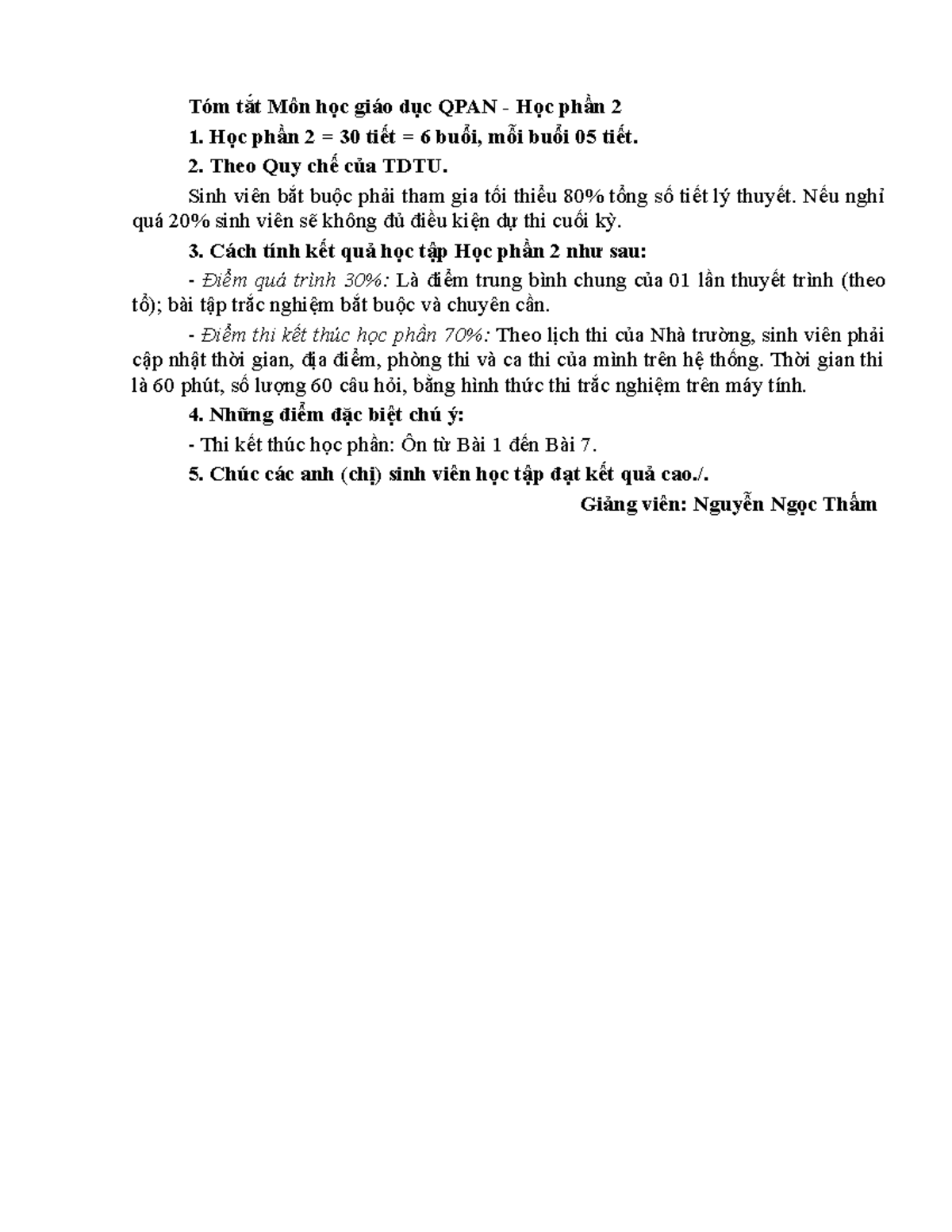 15 - Tổng quan Môn học Gdqpan - HP2 - 6 buổi - Mới - **Tóm tắt Môn học giáo dục QPAN - Học phần ...