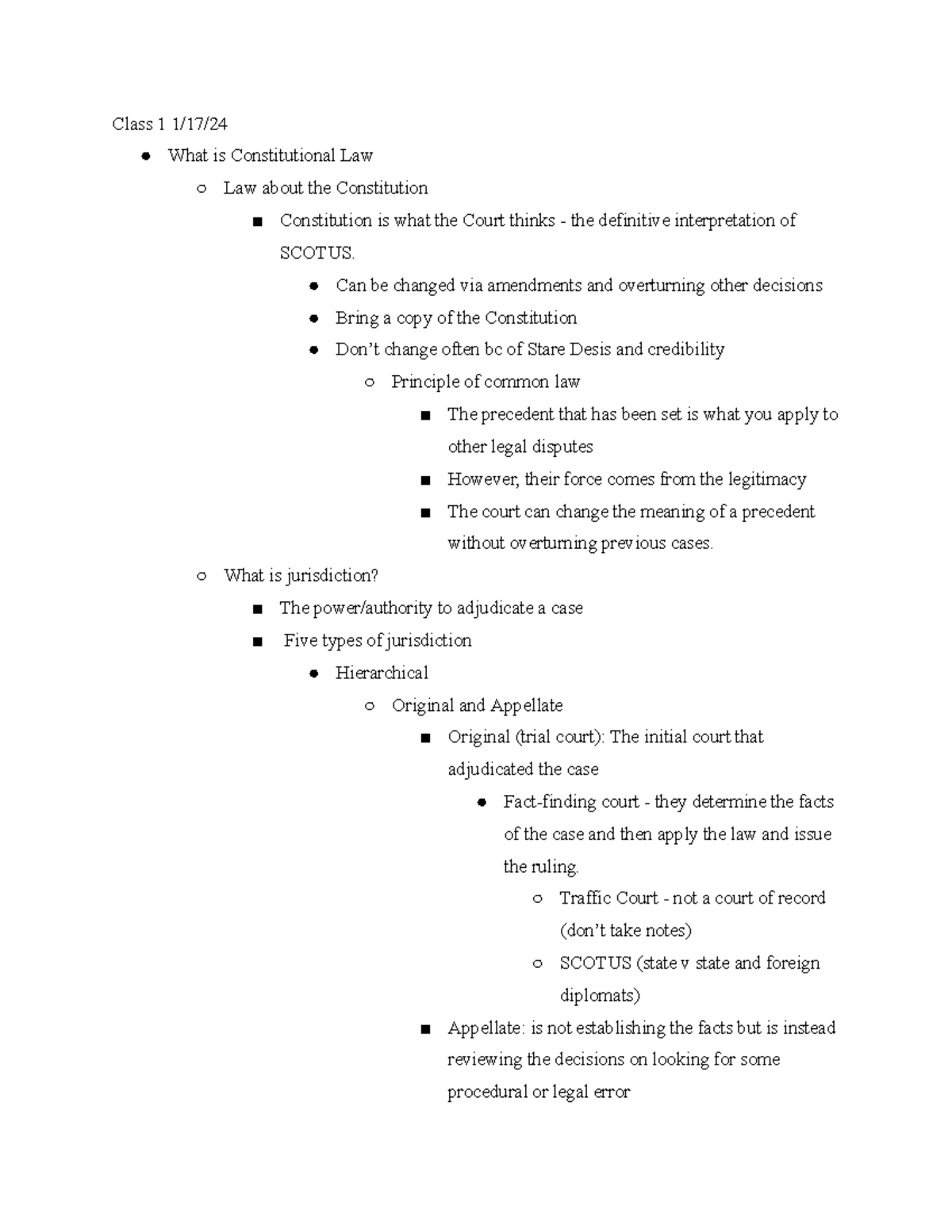 Constitutional Law & Poltics Notes - Class 1 1/17/ What is ...
