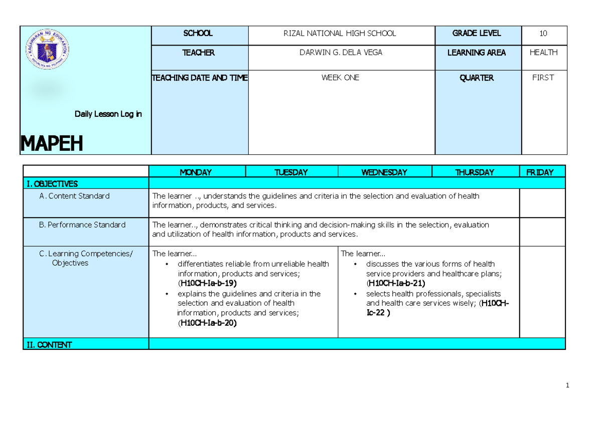 Q1 Grade 10 Health DLL Week 1 - Daily Lesson Log in MAPEH SCHOOL RIZAL ...