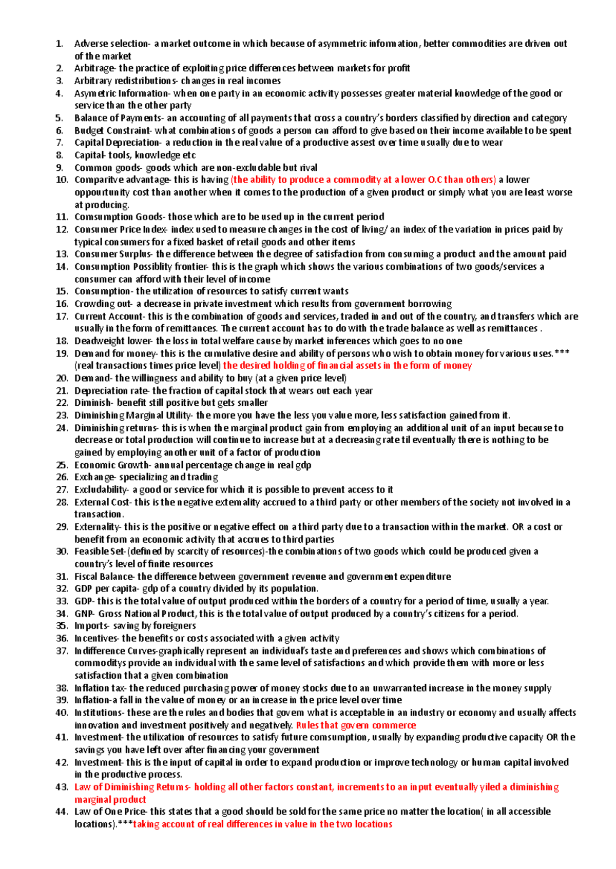 Exam Definitions sheet - Adverse selection- a market outcome in which ...