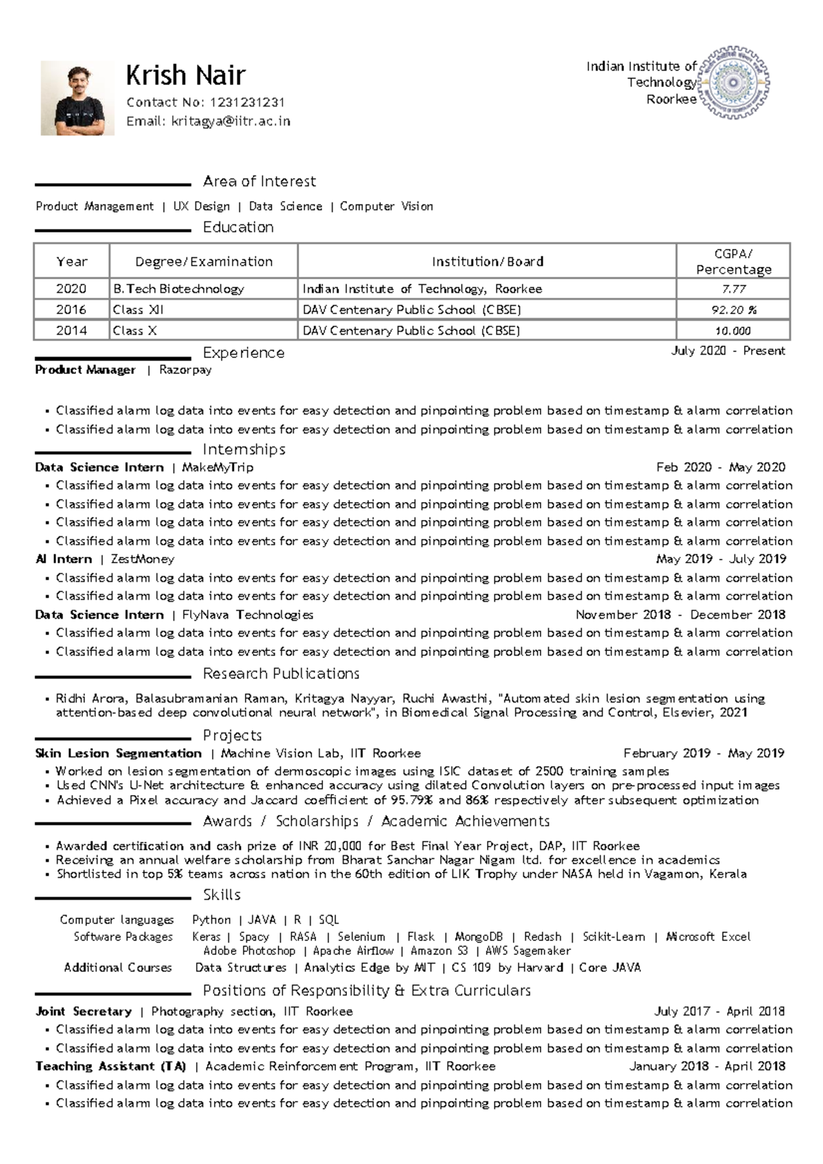 Resume making assignment - Krish Nair Contact No: 1231231231 Email: kritagya@iitr.ac Indian ...