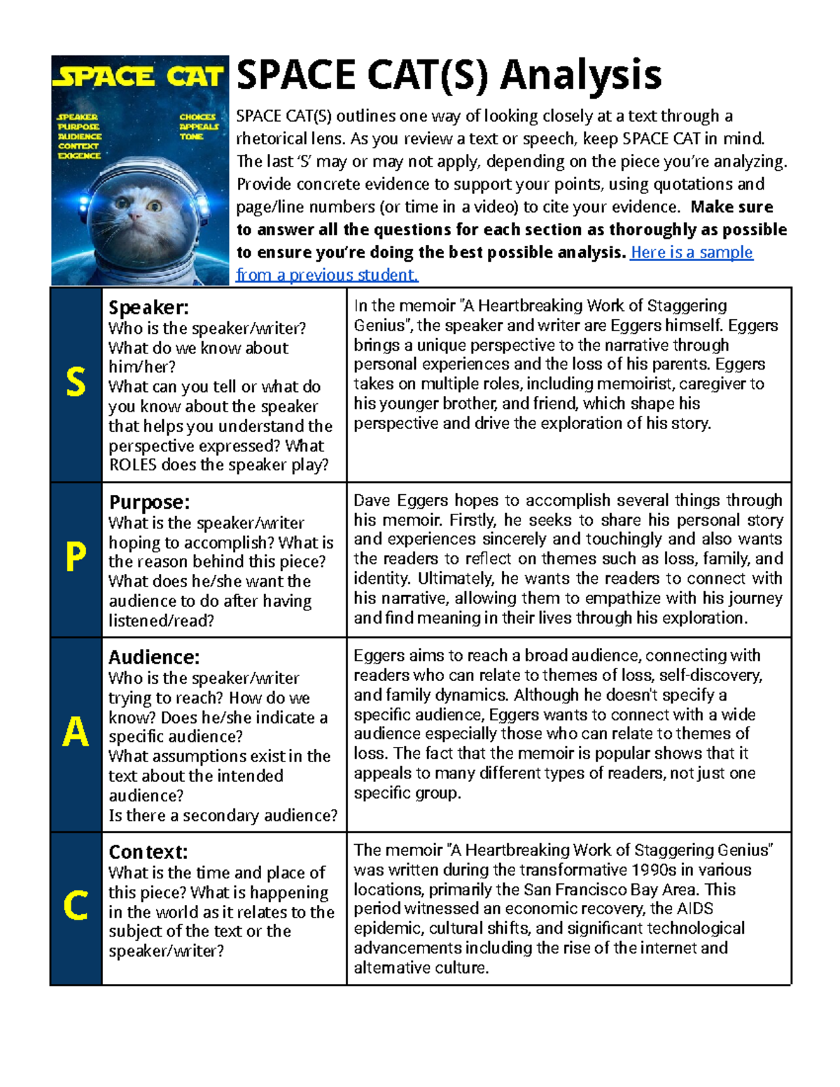 Dave Eggers - Space Cats and Questions with student sample - SPACE CAT ...