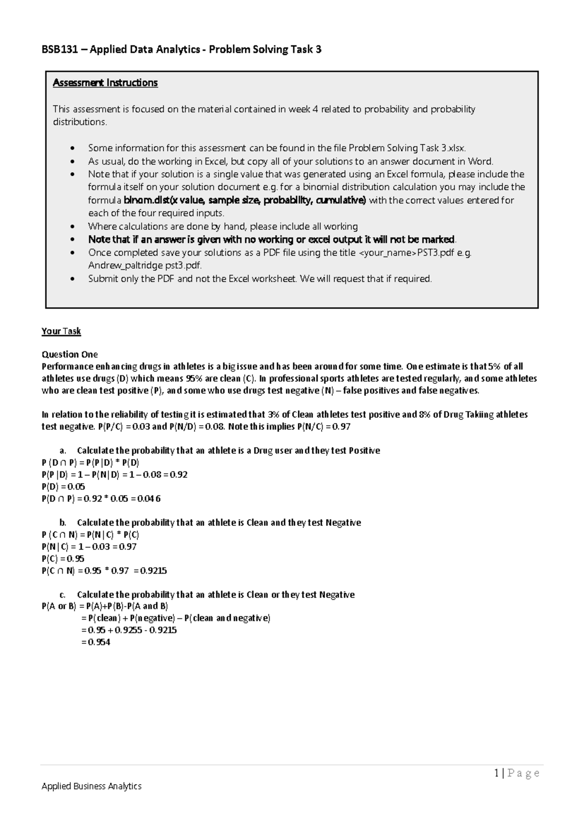 Pst3 - PST3 - 1 | P a g e BSB131 – Applied Data Analytics - Problem Solving Task 3 Your Task ...