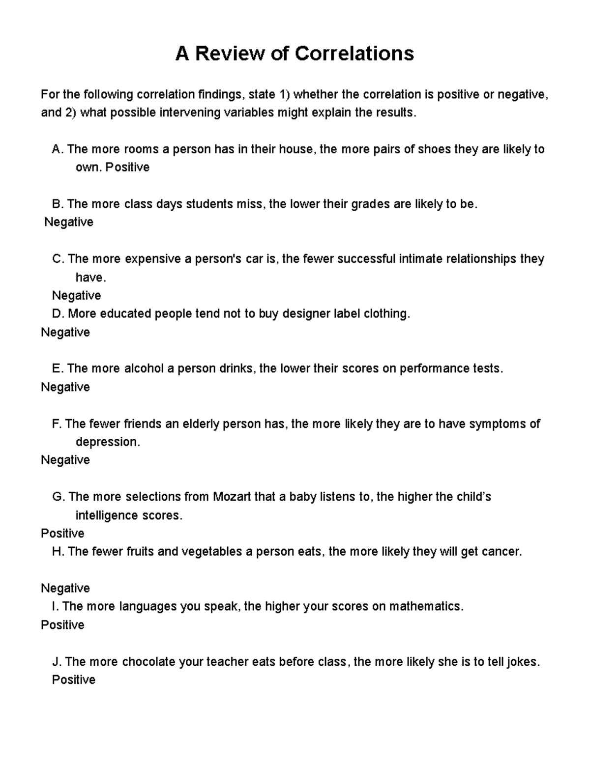 Correlation Review Questions - A Review of Correlations For the ...