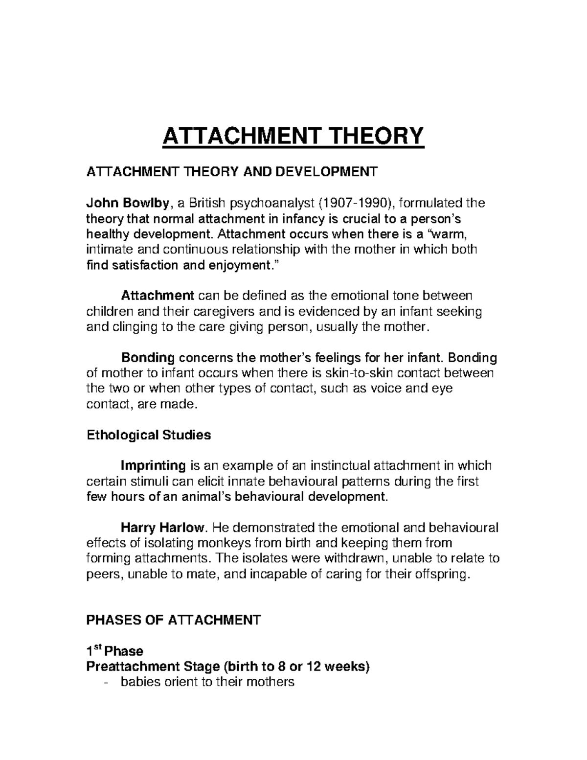 [Beh Sci I] Attachment Theory Handout - ATTACHMENT THEORY ATTACHMENT THEORY AND DEVELOPMENT John ...