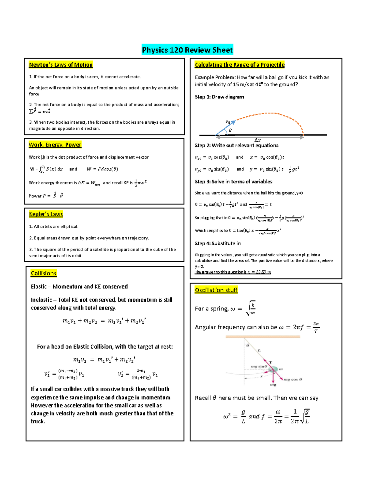 Mechanics Review 1 - note for Physics - Physics 120 Review Sheet Newton ...