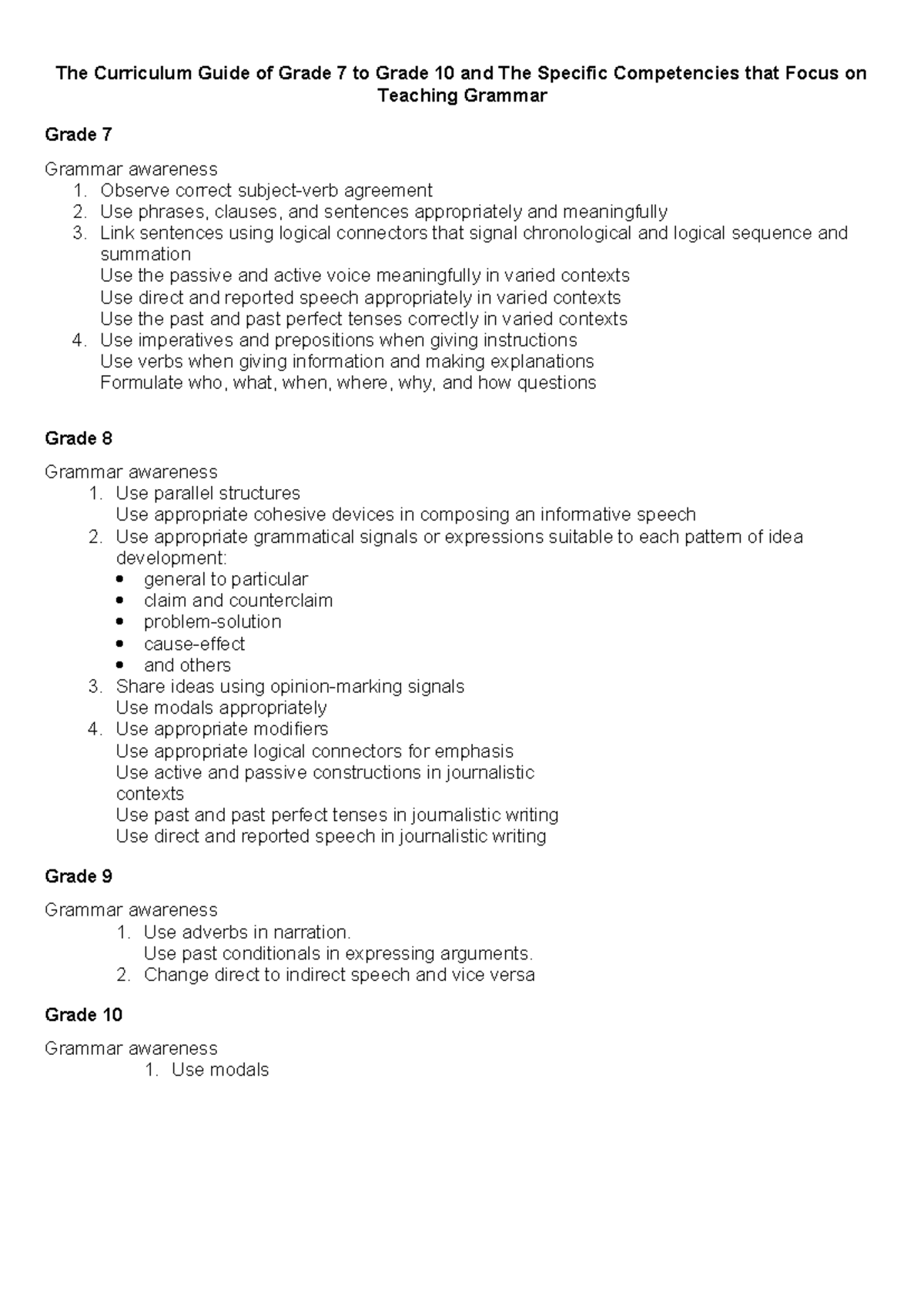 Grade 7 TO 10 Grammar Awerness - The Curriculum Guide of Grade 7 to ...