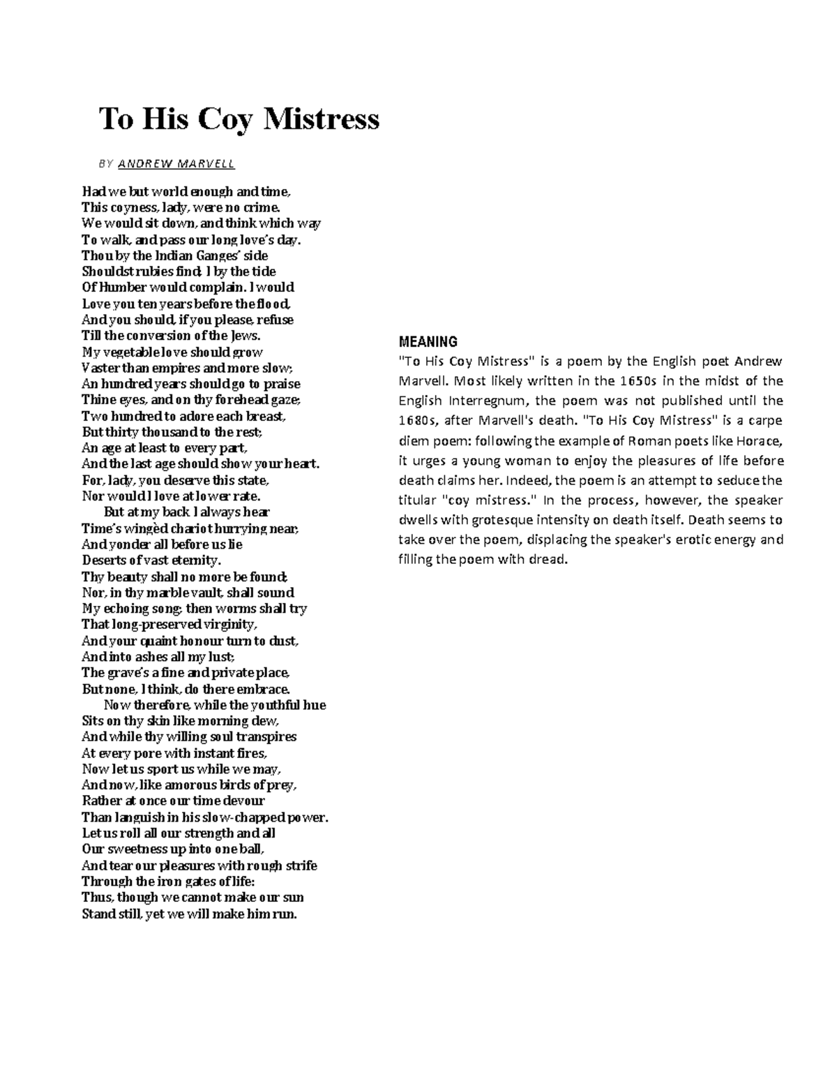 LIT-notes - Gender and society - To His Coy Mistress B Y A N D R E W M ...