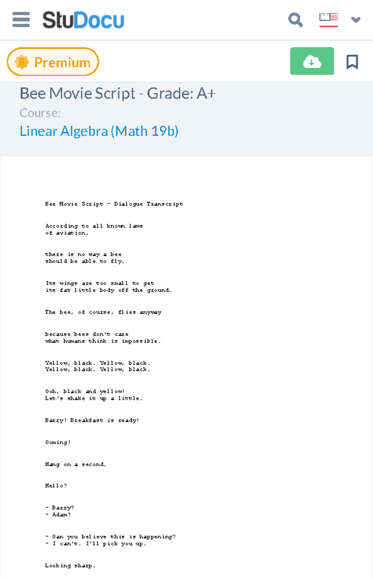 Bee Movie Script - Grade A+ - Bee Movie Script - Dialogue Transcript ...