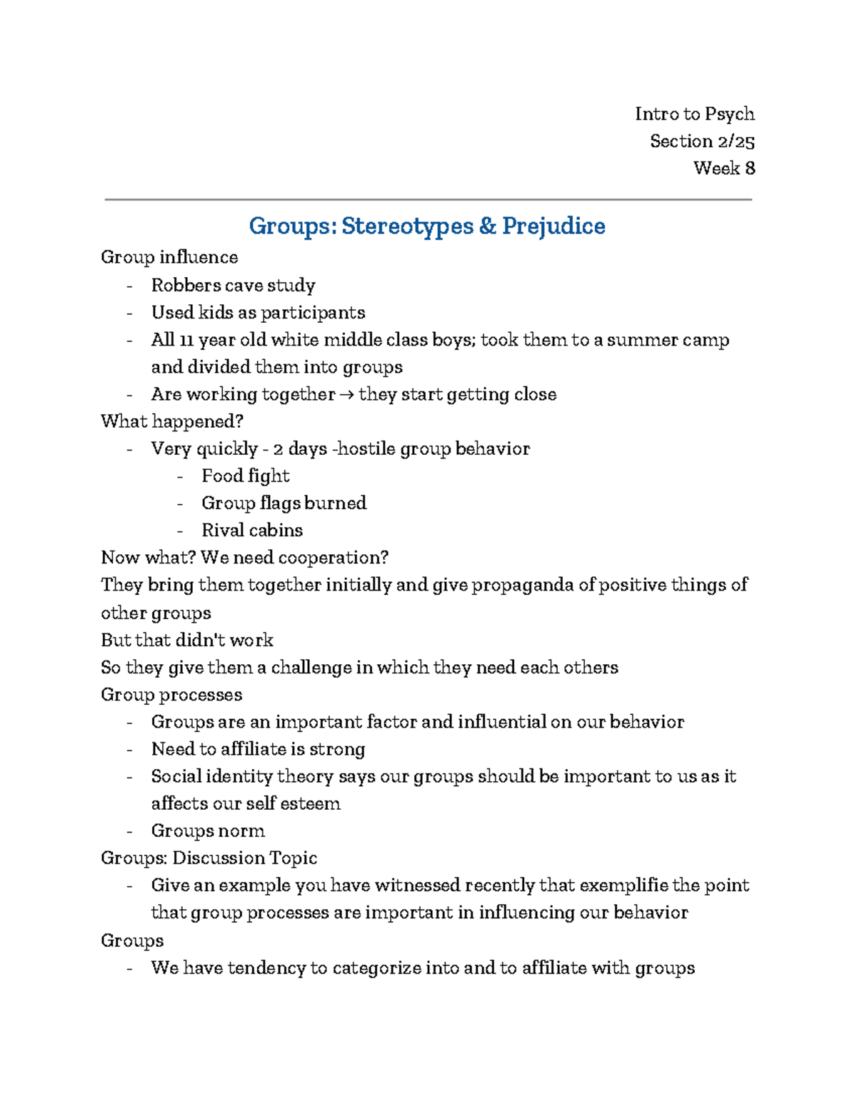 Psych 1 - Discussion Section Notes - Intro to Psych Section 2/25 Week 8 ...