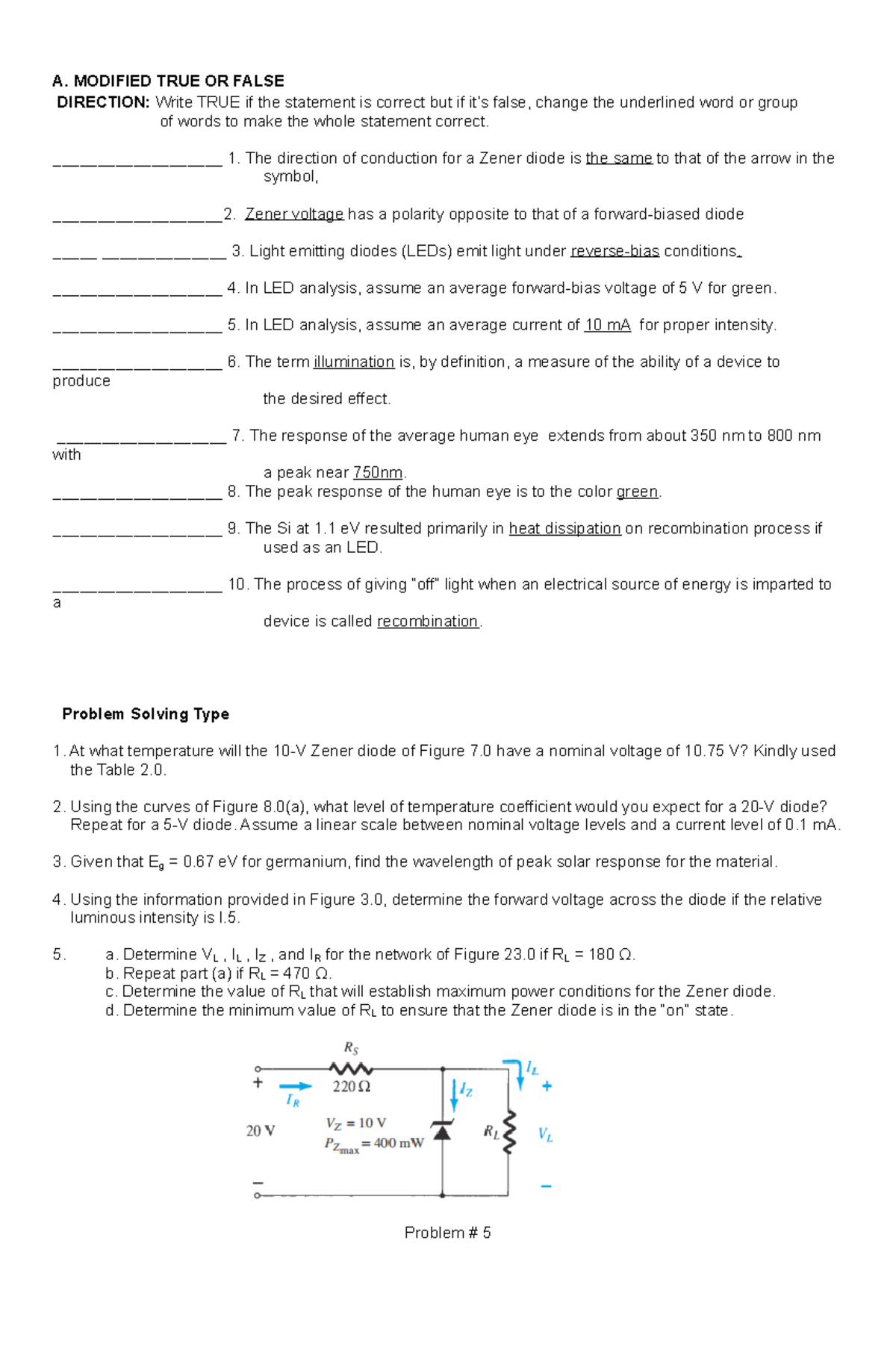 Electronic Devices and Circuits practice problem 4 - A. MODIFIED TRUE OR FALSE DIRECTION: Write ...
