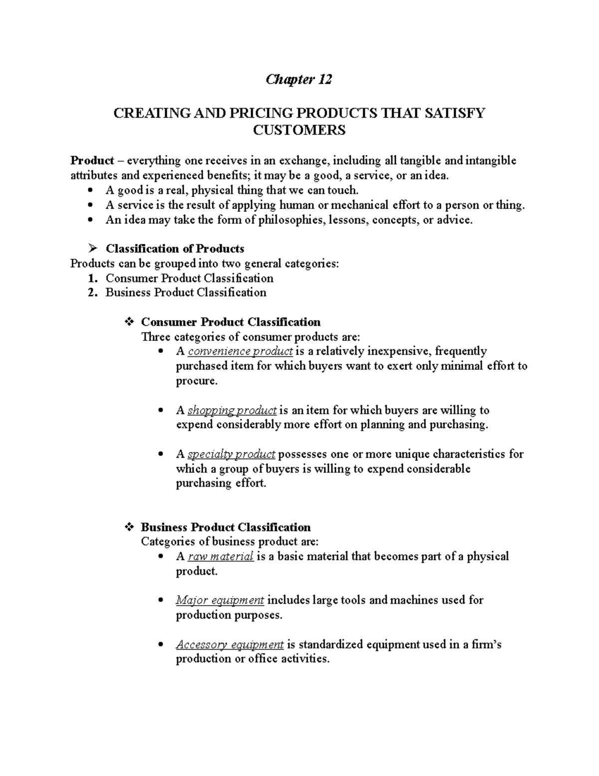 Chapter 12 Business Lecture Notes - Chapter 12 CREATING AND PRICING ...