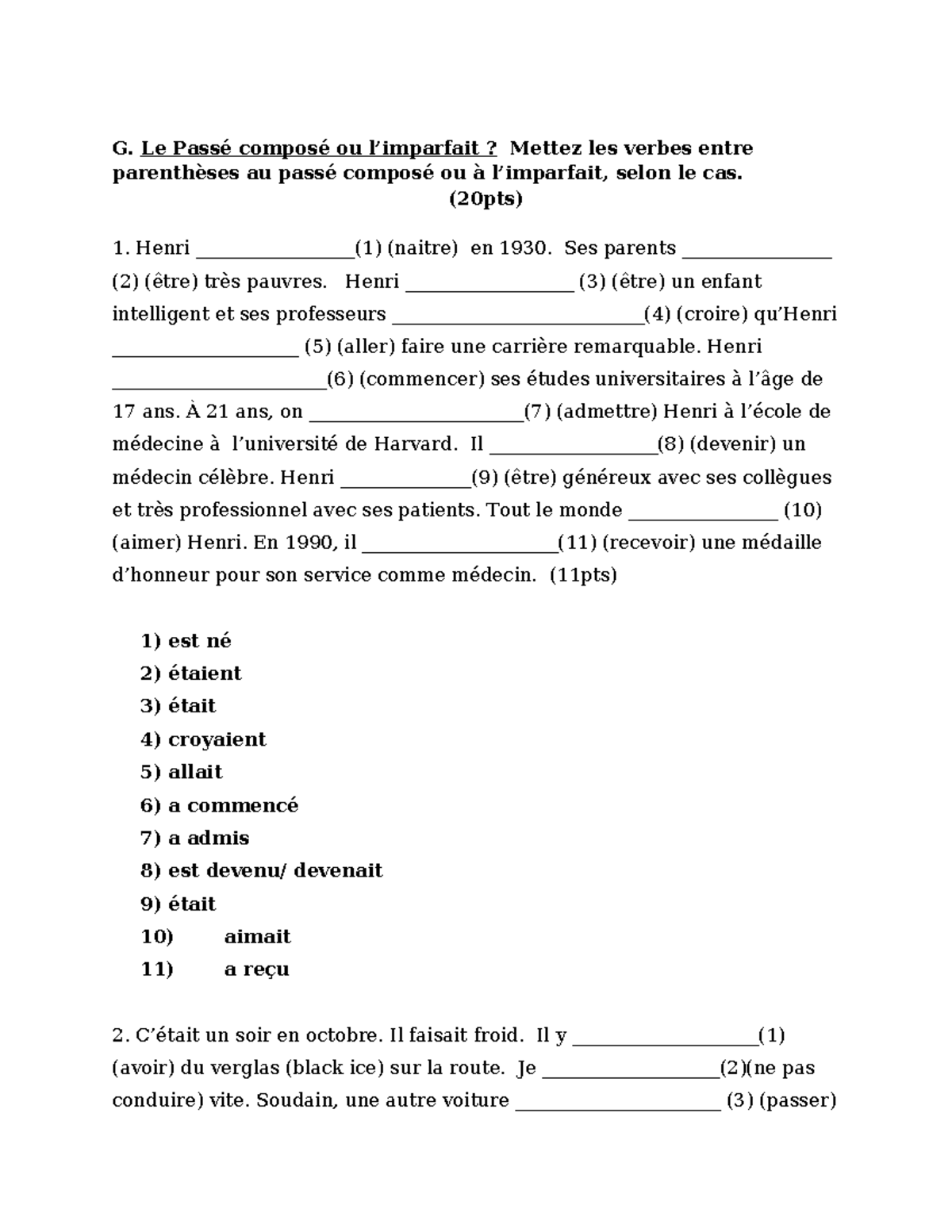 PC vs Imparfait additional practice for final exam - G. Le Passé ...