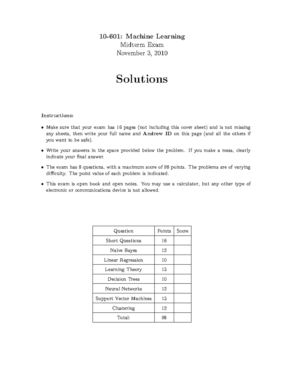 10f-601-midterm - CMU exam - 10-601: Machine Learning Midterm Exam ...
