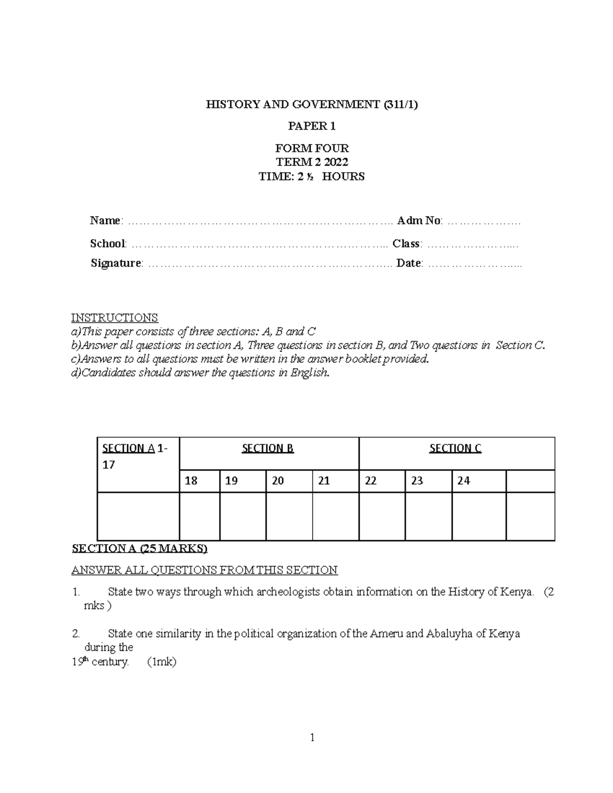 History-F4-P1 - Notes - HISTORY AND GOVERNMENT (311/1) PAPER 1 FORM ...