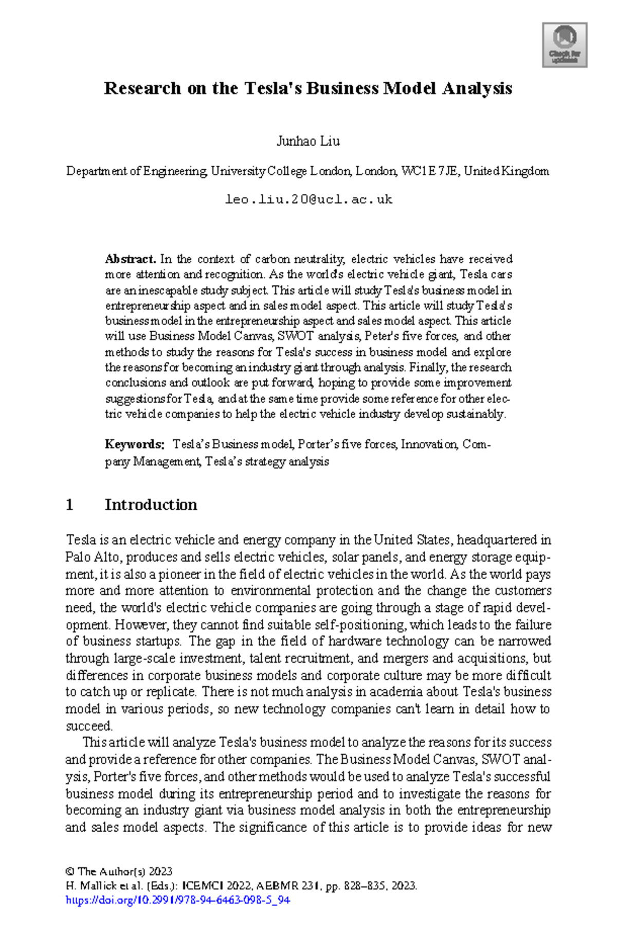 BMC of Tesla - Junhao Liu Department of Engineering, University College ...