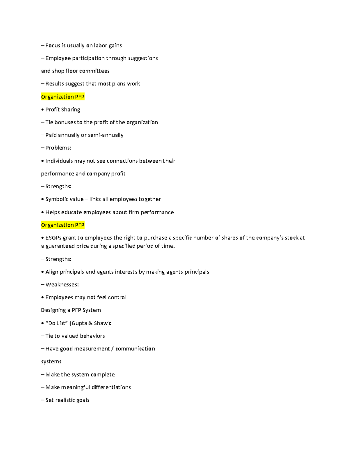 Chapter 10 MGMT 331 Organization PFP - Focus is usually on labor gains ...