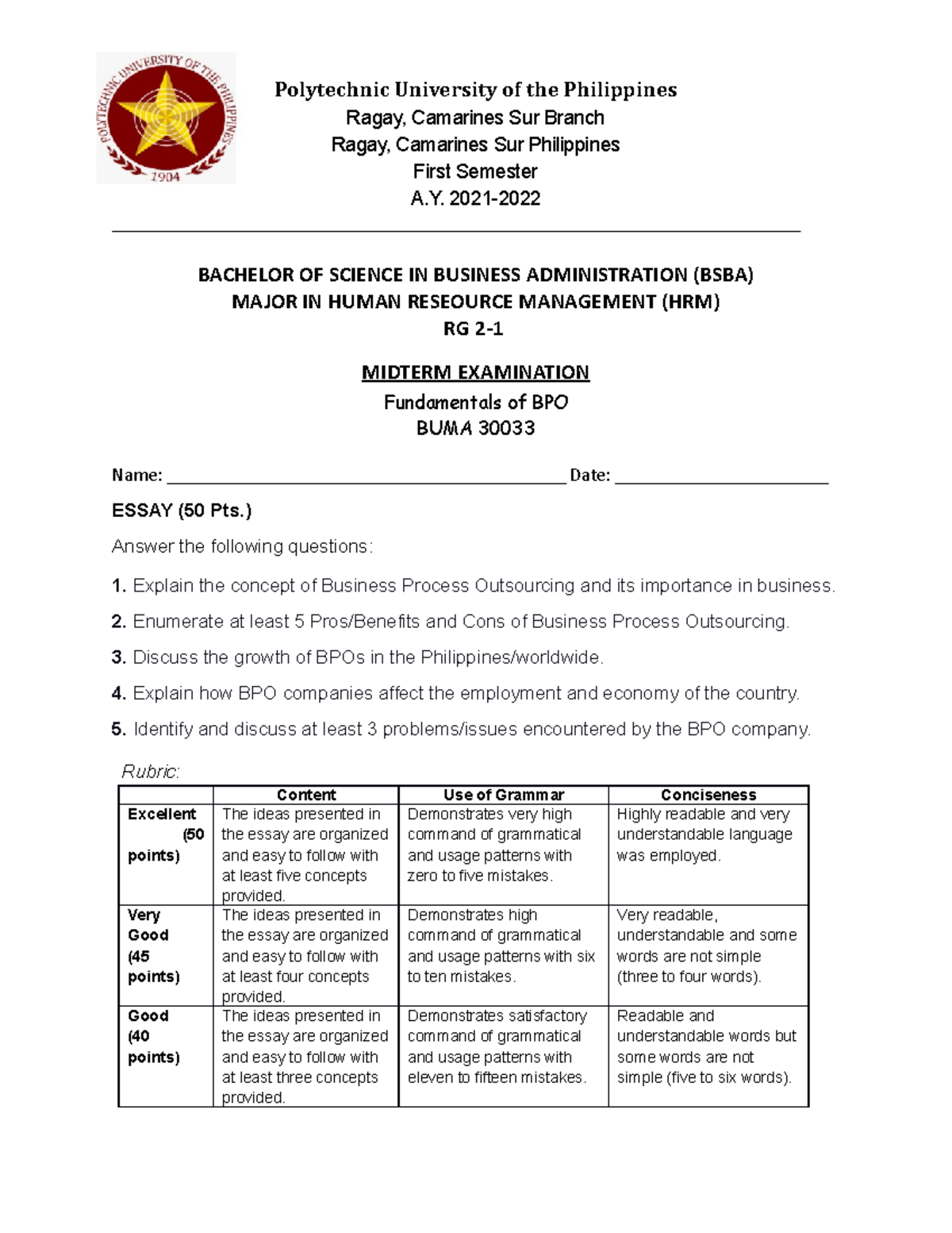 PUP Midterm EXAM Fundamentals of BPO - Polytechnic University of the ...