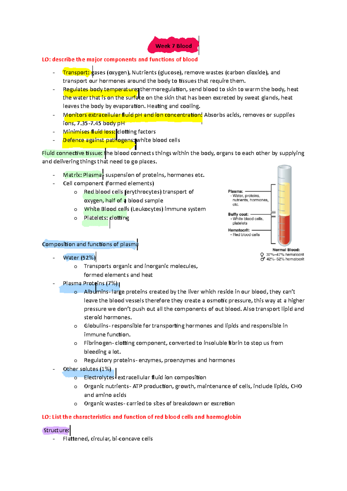 Blood - Week 7 Blood LO: describe the major components and functions of ...