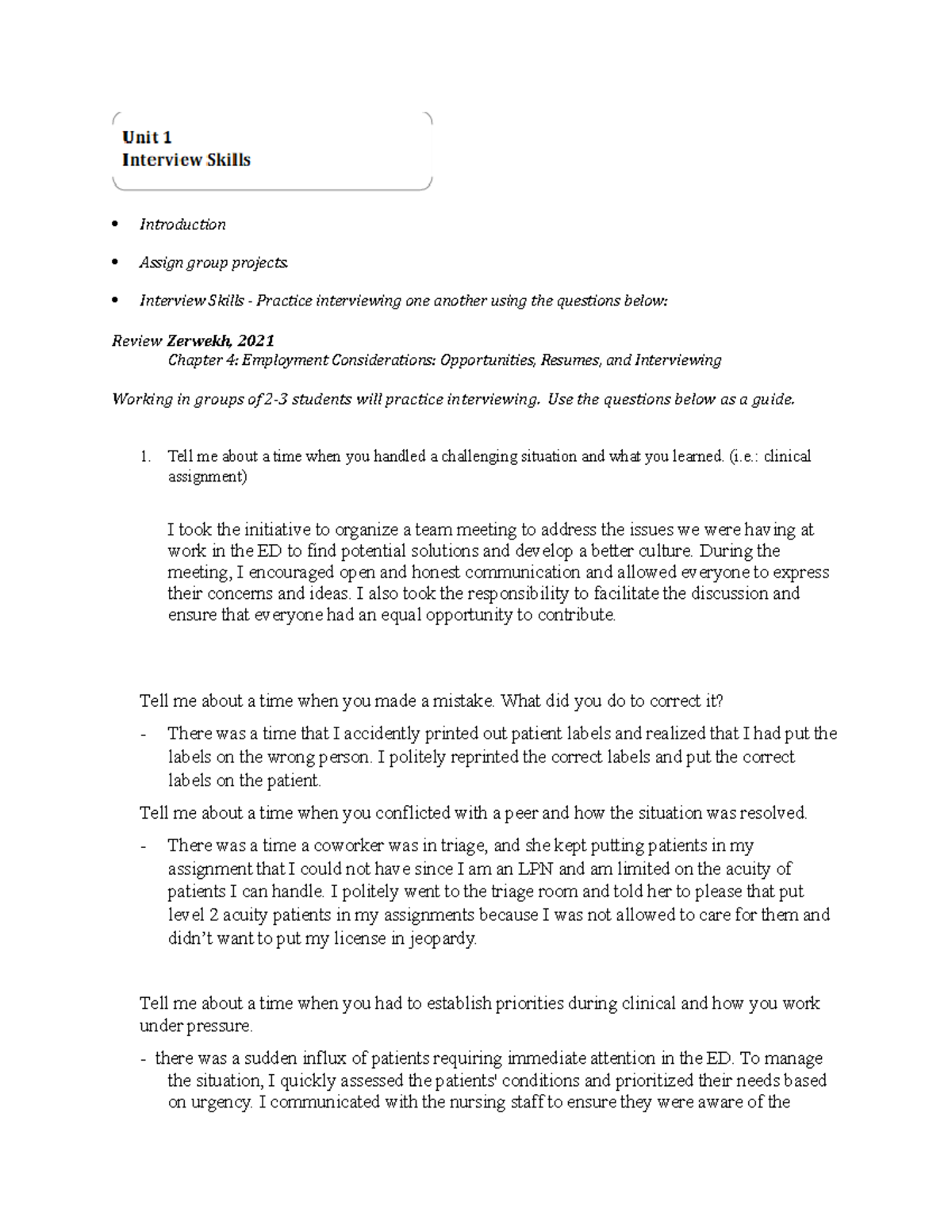 Interview Skills - n/a - Introduction Assign group projects. Interview ...