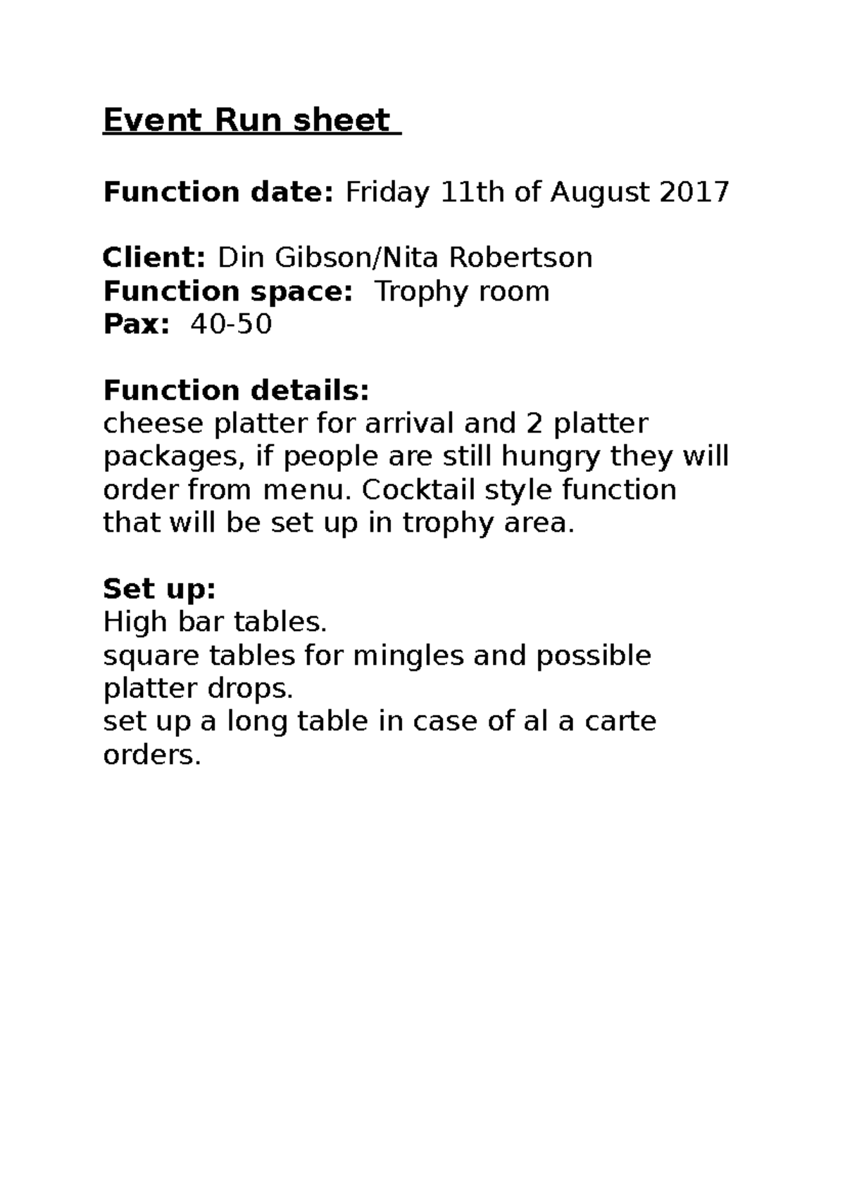 Event Run sheet 2 - Event Run sheet Function date: Friday 11th of ...