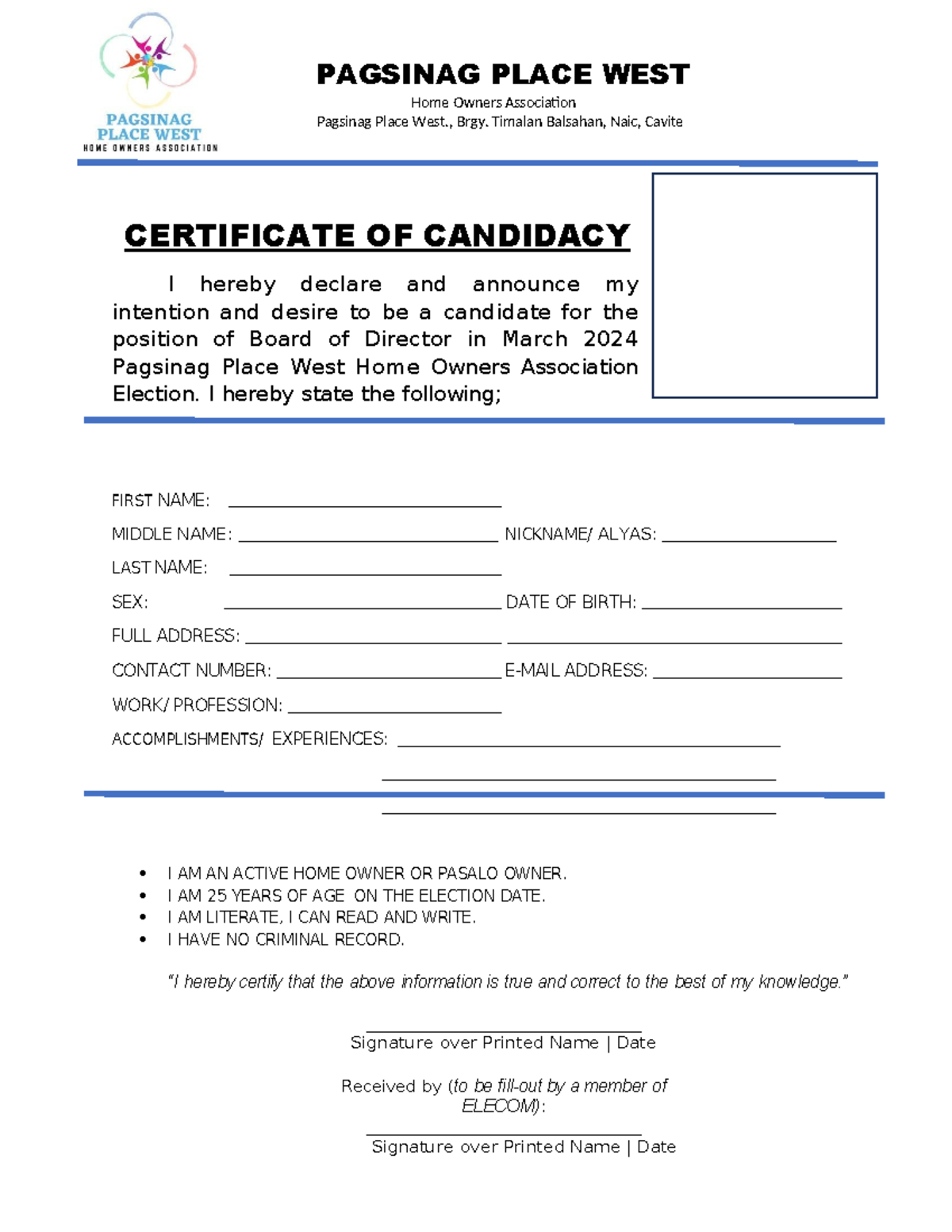 Candidacy FORM - PAGSINAG PLACE WEST Home Owners Association Pagsinag ...