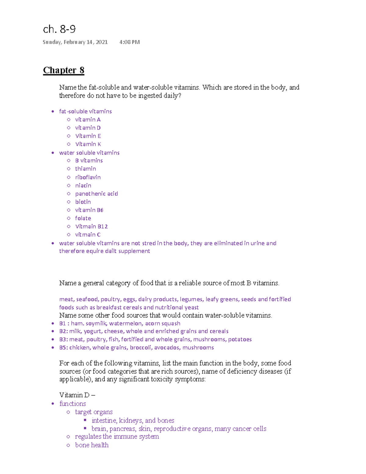 Nutrition ch 8 and 9 study guide - Chapter 8 Name the fat-soluble and water-soluble vitamins ...