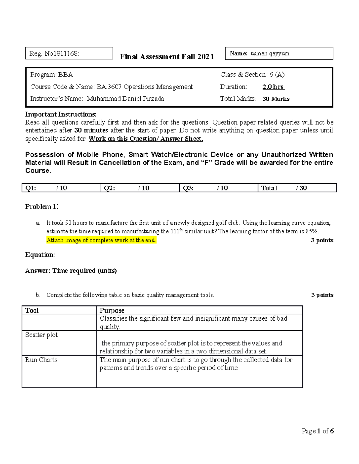 Final OM BBA-6 assignment - Final Assessment Fall 2021 Important ...