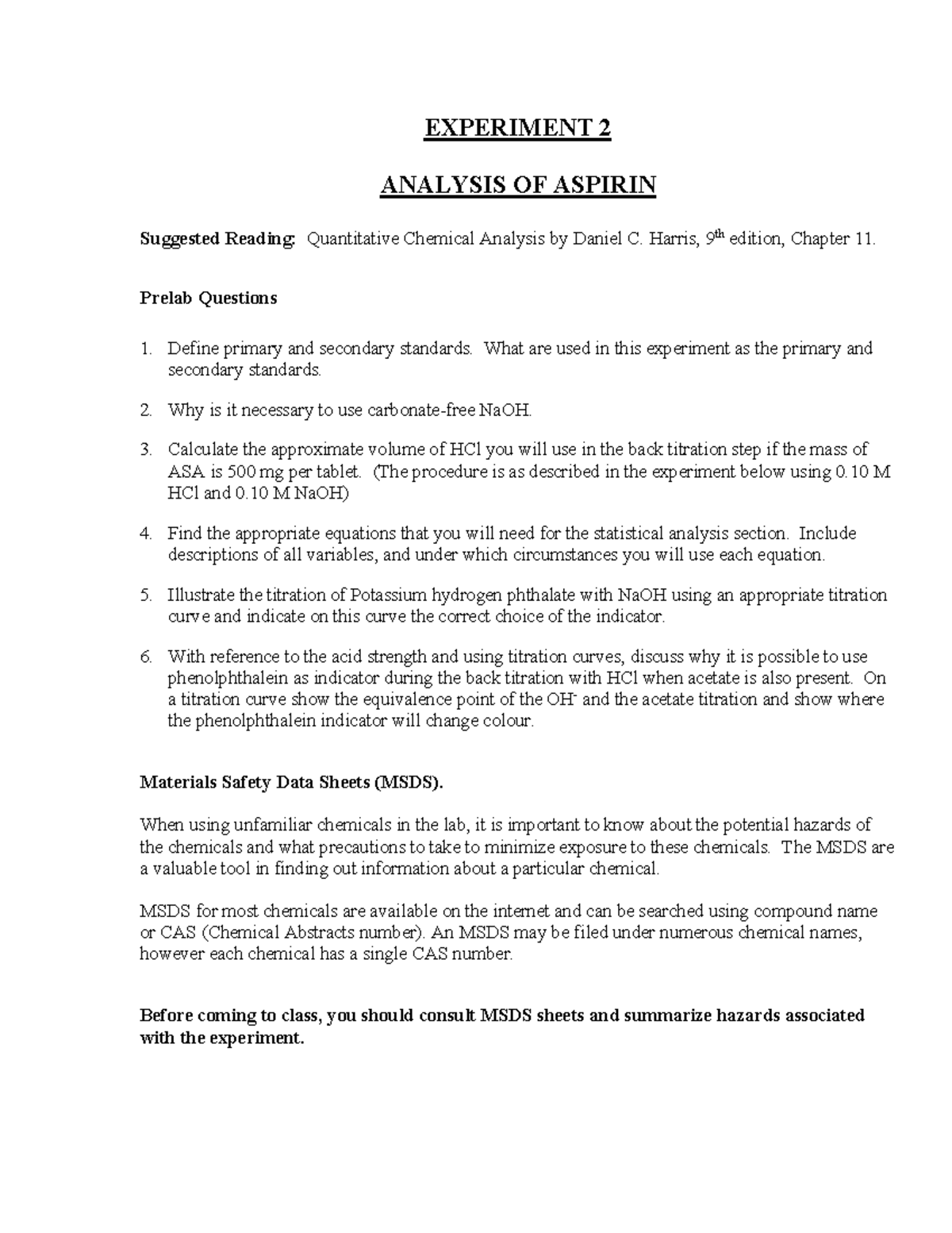 2023 CHM 2354 Experiment 2 - EXPERIMENT 2 ANALYSIS OF ASPIRIN Suggested ...
