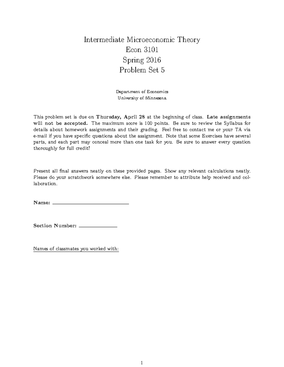 Hm5 sol - Answer Key - Intermediate Microeconomic Theory Econ 3101 Spring 2016 Problem Set 5 ...