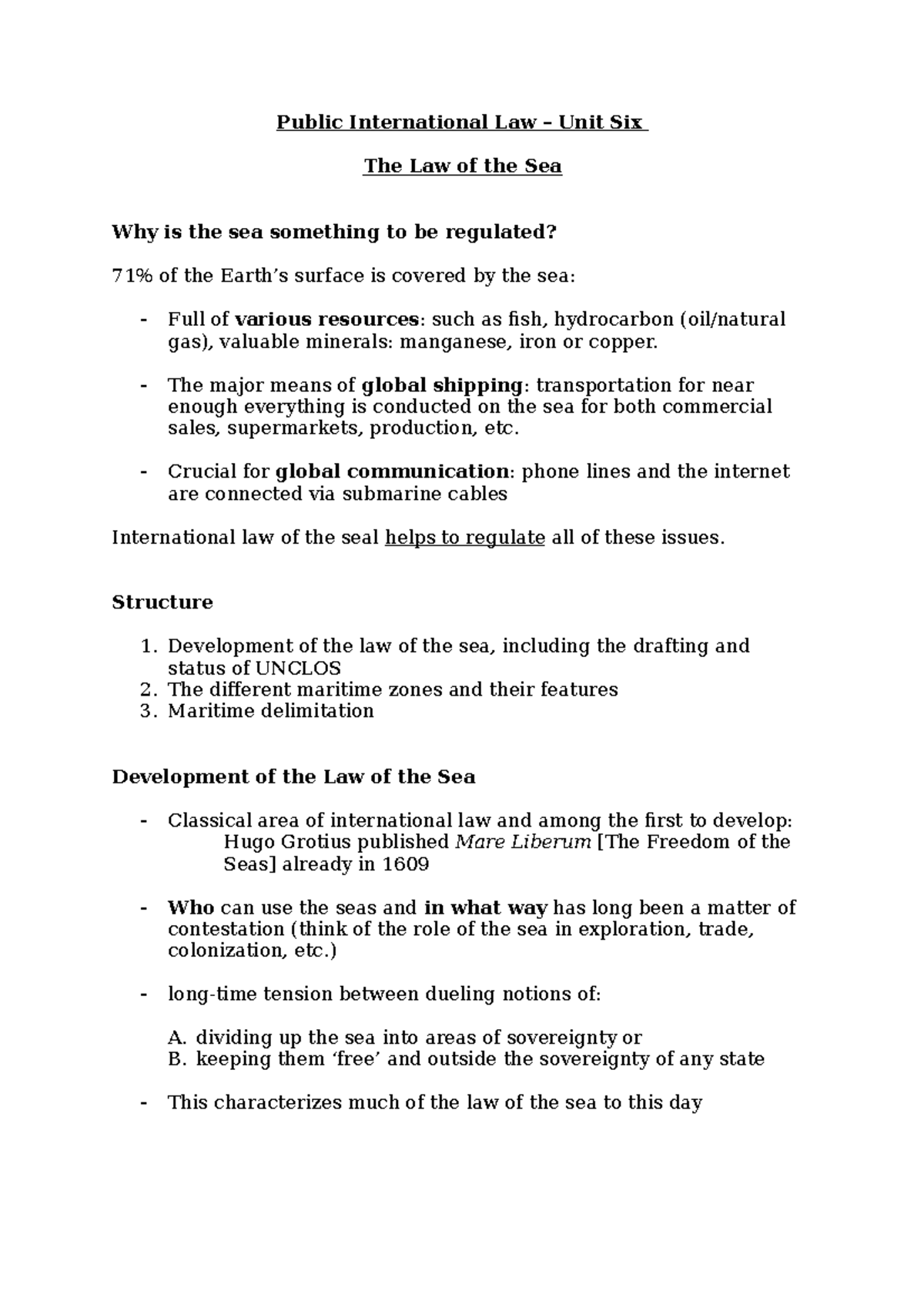 The Law of the Sea - Lecture notes 6 - Public International Law – Unit ...
